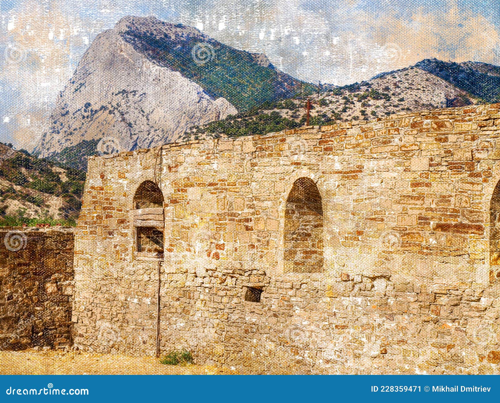 An Old Stone Structure in Front of the High Mountains. an Antique ...