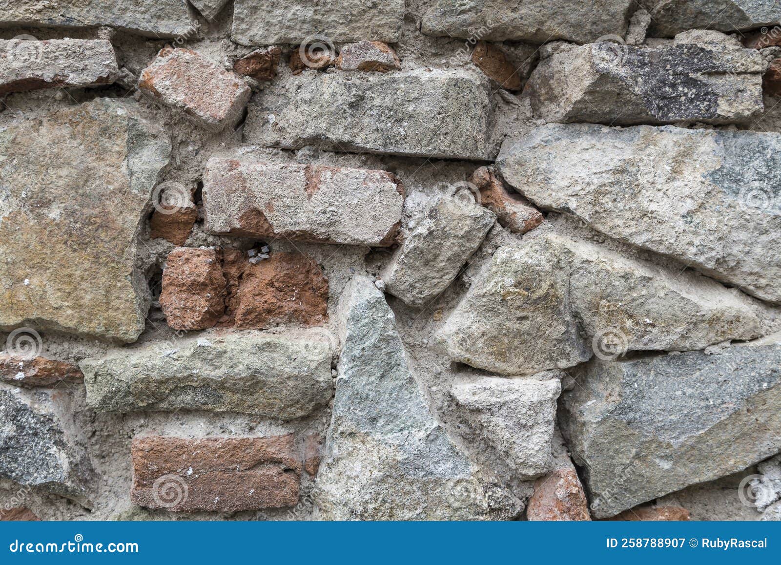 Old Stone Wall, Patchwork Mix of Brick and Different Sized Rocks. Close ...