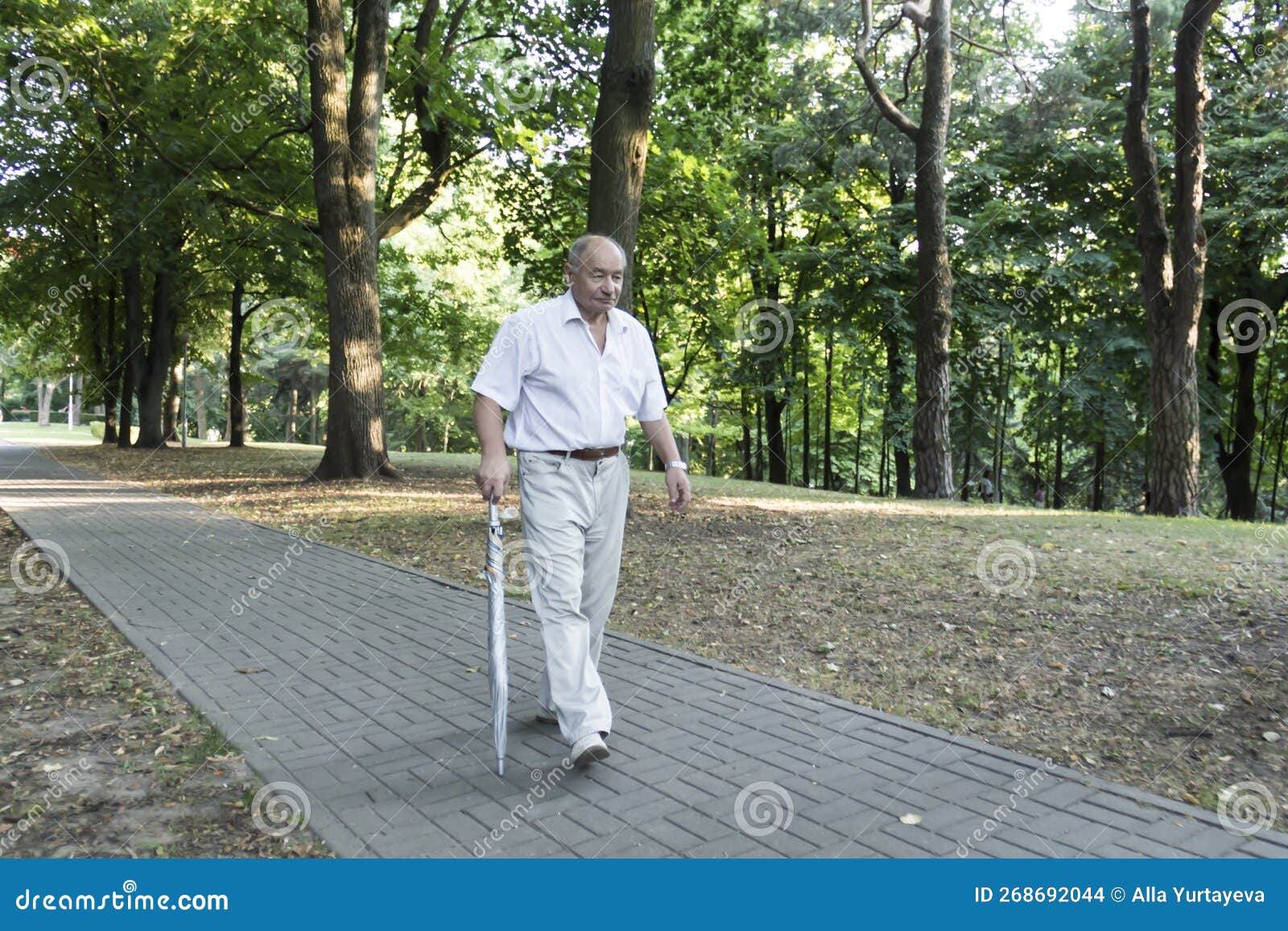An Old, Stooped Man Walks Sullenly and Alone Along the Path in the Park ...