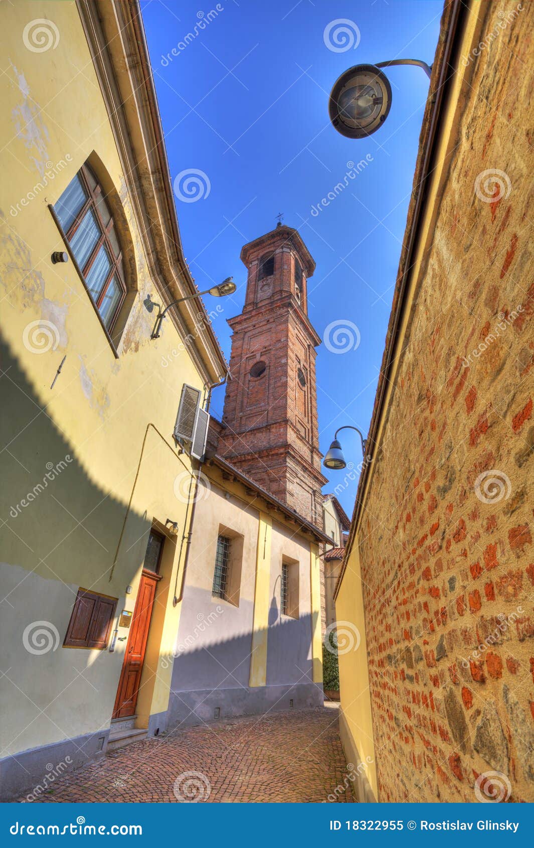 Old Street and Church Tower in Alba. Stock Image - Image of ...