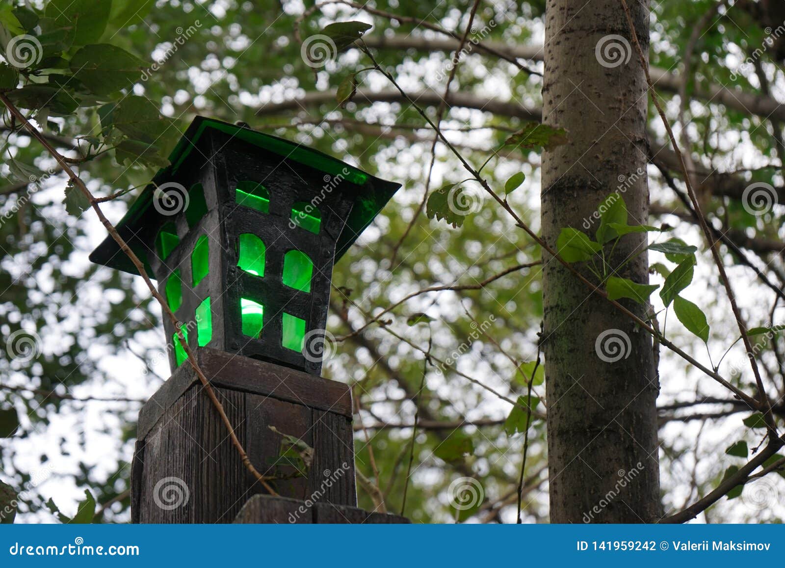 Old Street Lamp with a Dim Green Light Stock Photo - Image of ...