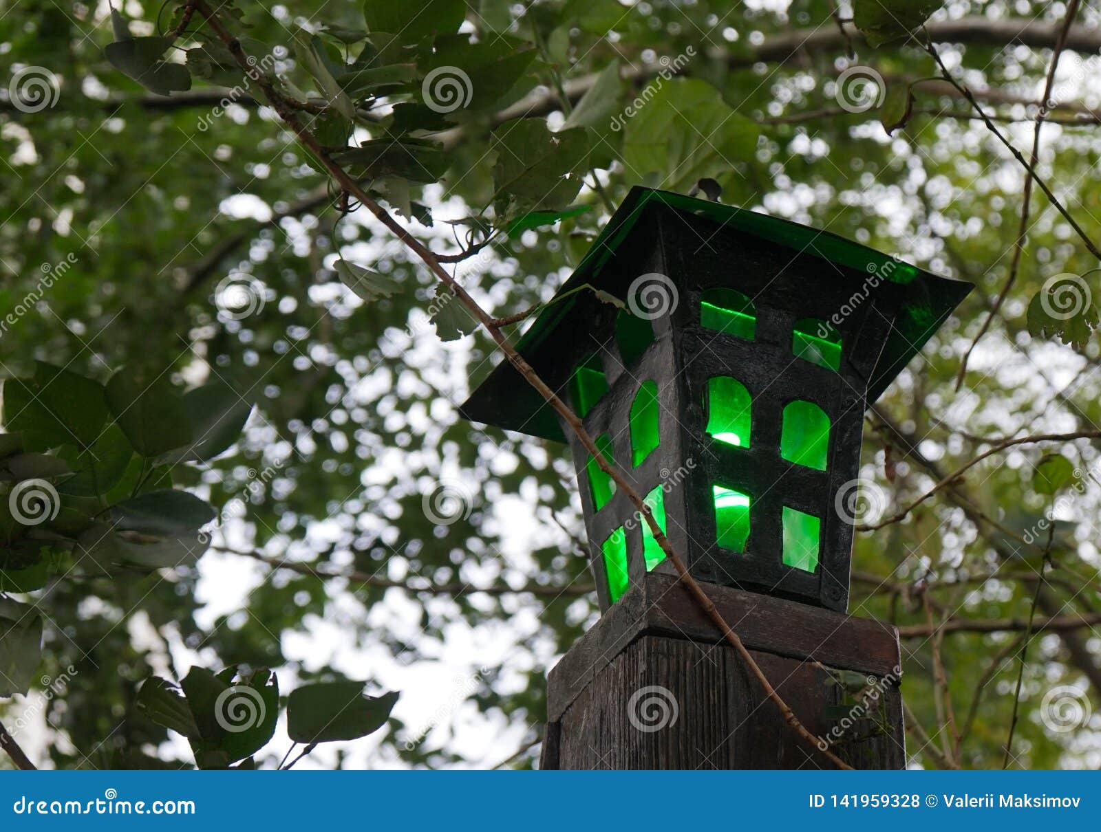 Old Street Lamp with a Dim Green Light Stock Photo - Image of elegance ...