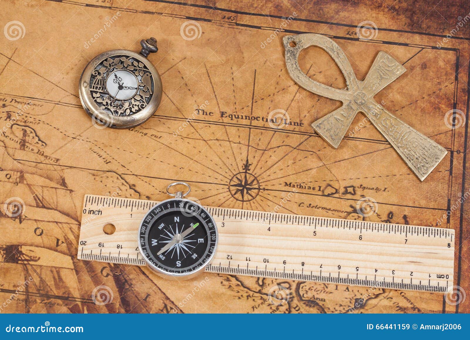 Old Style Brass Pocket Watch and Cross on Map Stock Image - Image of ...