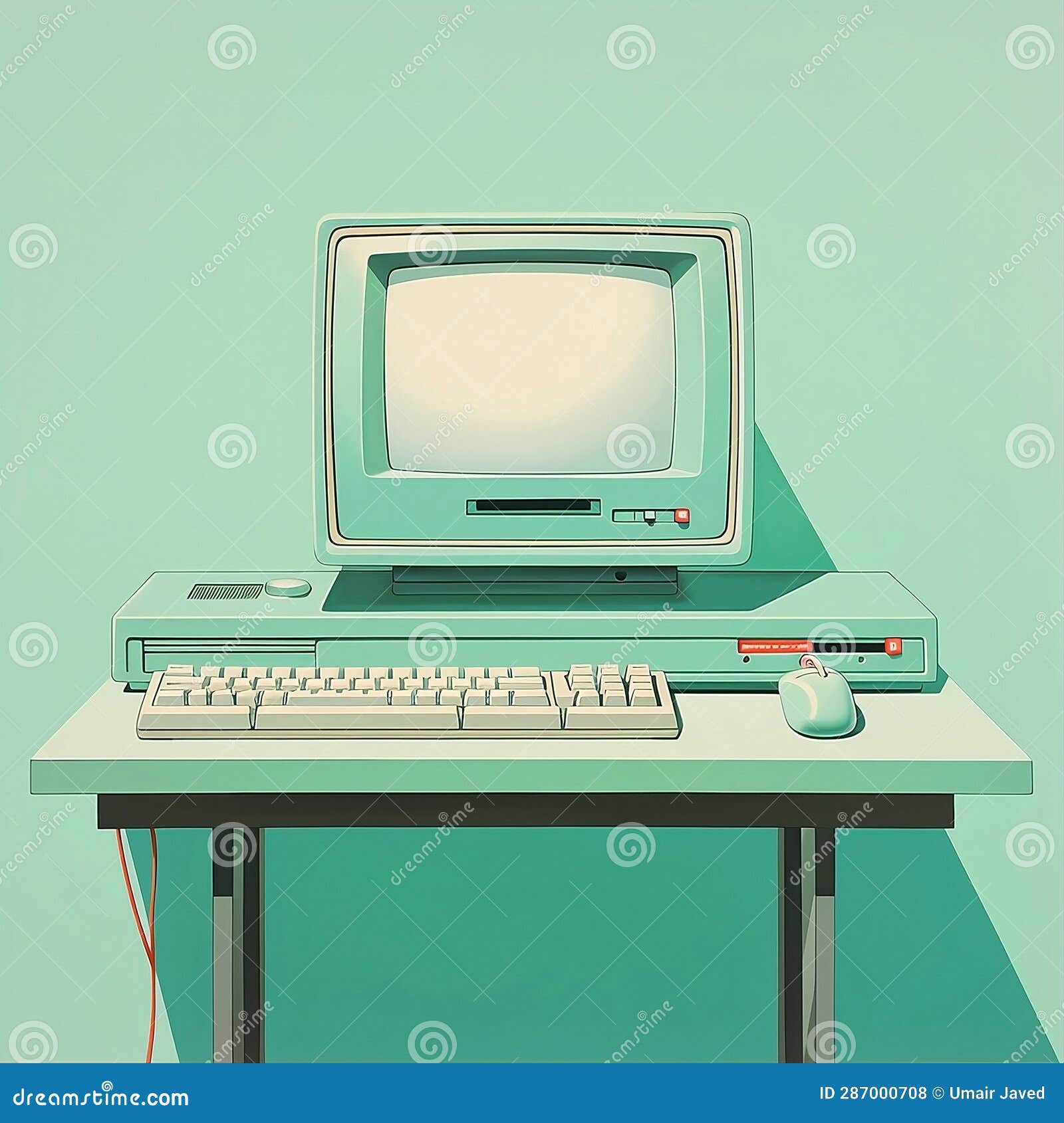 Old Style Computer with Simple Table on Light Mint Green Background ...