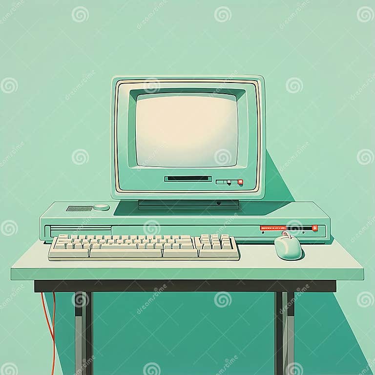 Old Style Computer with Simple Table on Light Mint Green Background ...