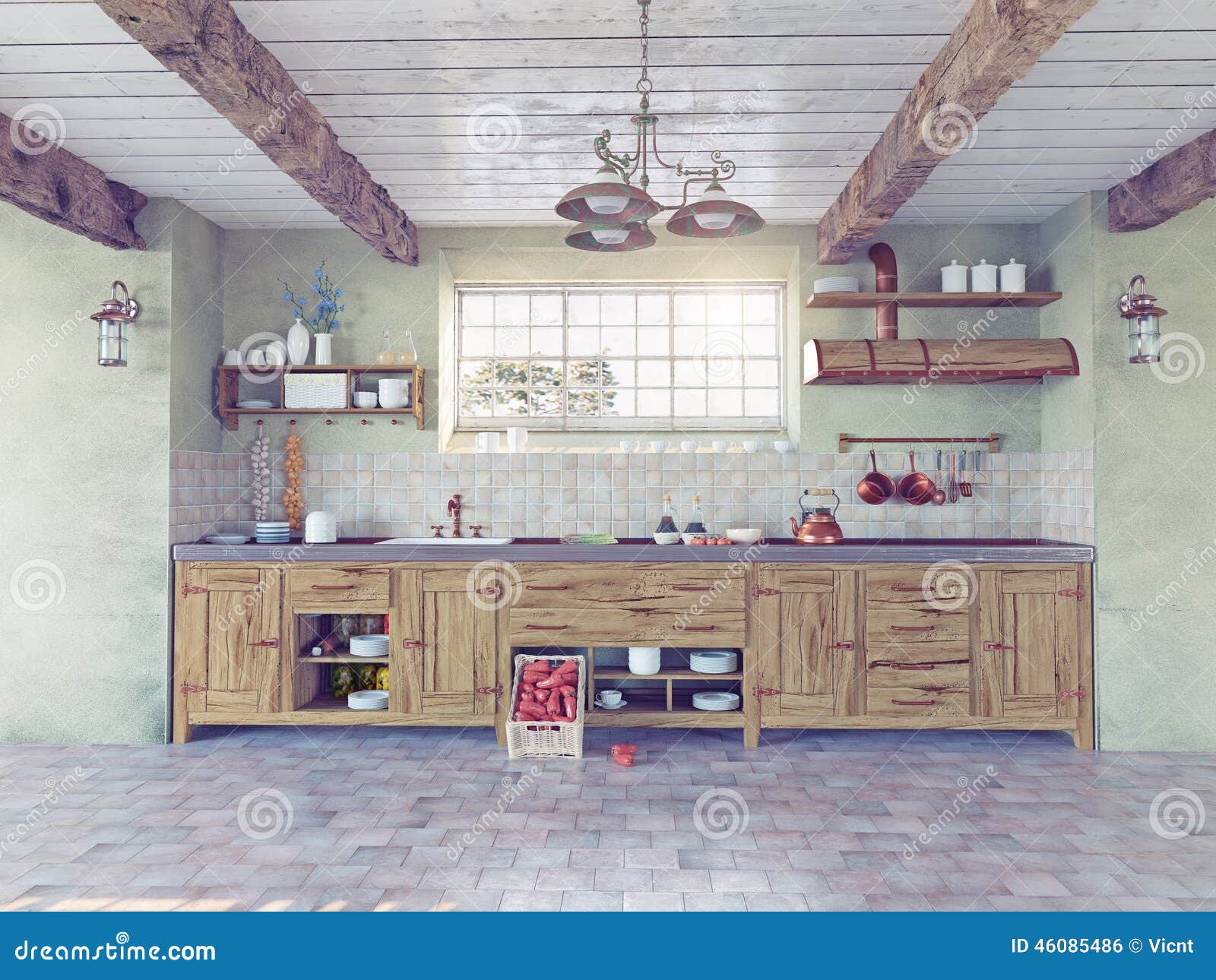 Old-style kitchen interior stock illustration. Illustration of plank ...