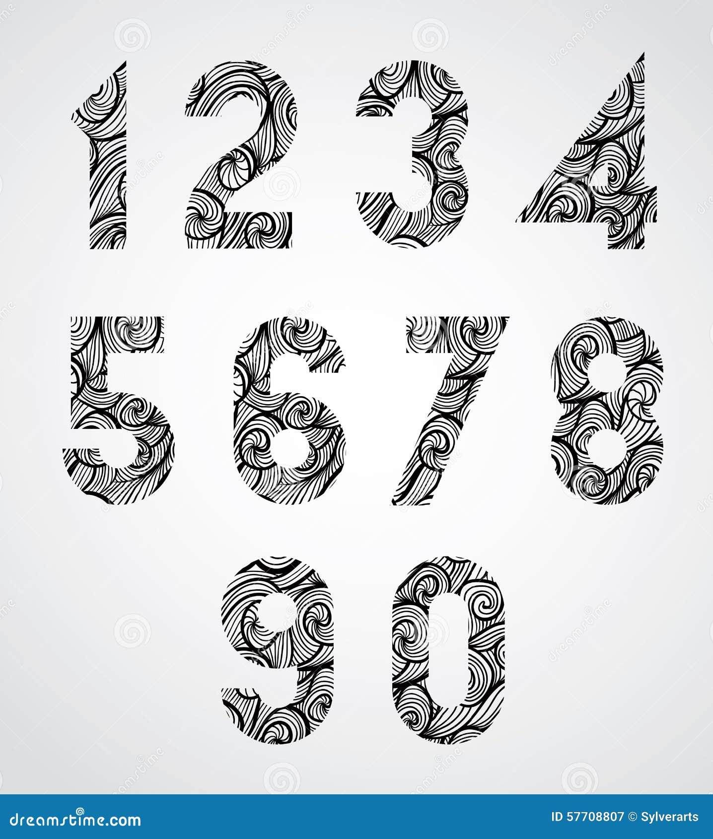 Old Style Numbers with Hand Drawn Curly Lines Pattern. Stock Vector ...