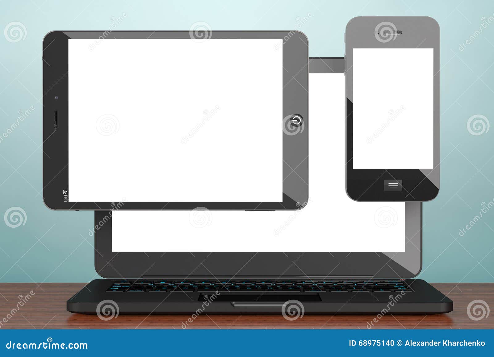 Old Style Photo. Laptop, Mobile Phone and Tablet PC. 3d Rendering Stock ...