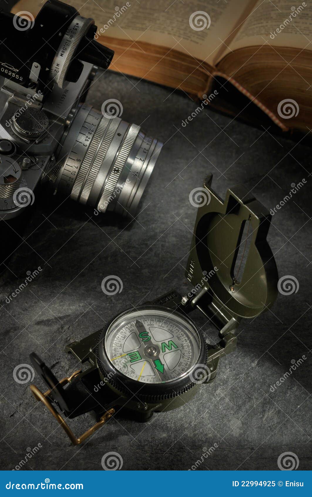 Old Style Photograph Camera and Compass Stock Image - Image of vertical ...