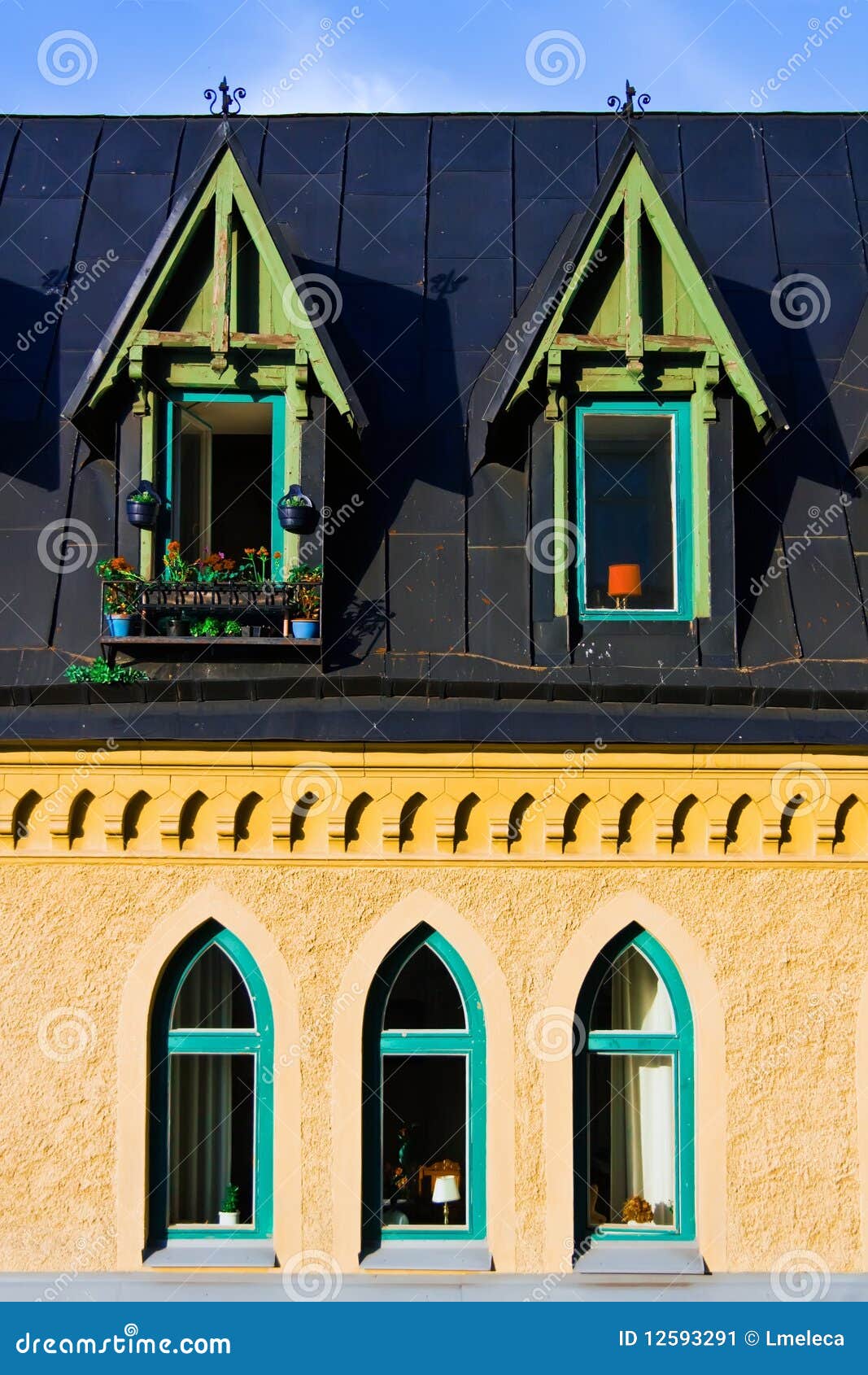 Old-style Windows on Dark Roof Stock Image - Image of house, scene ...