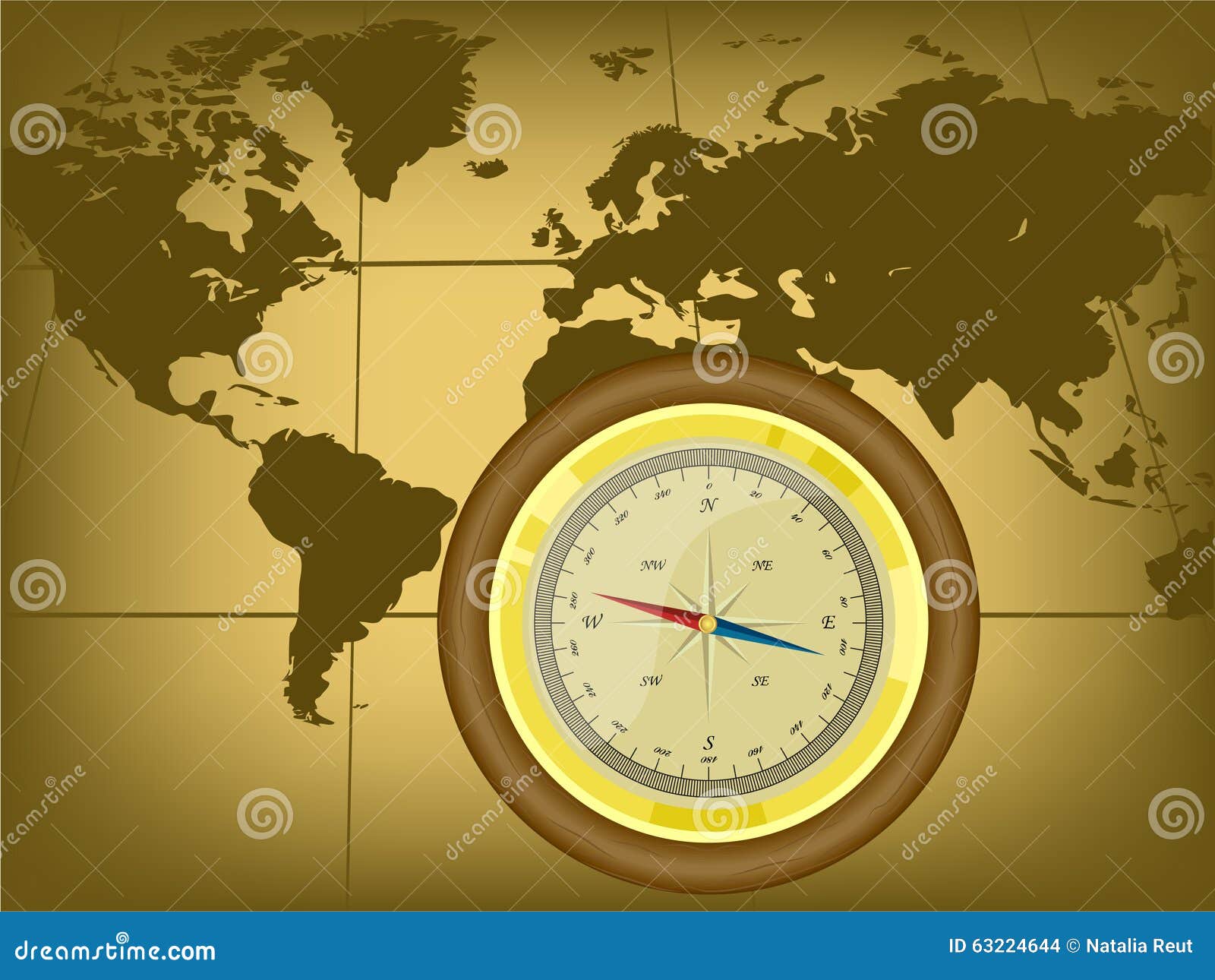 Old Style World Map with Compass. Stock Illustration - Illustration of ...