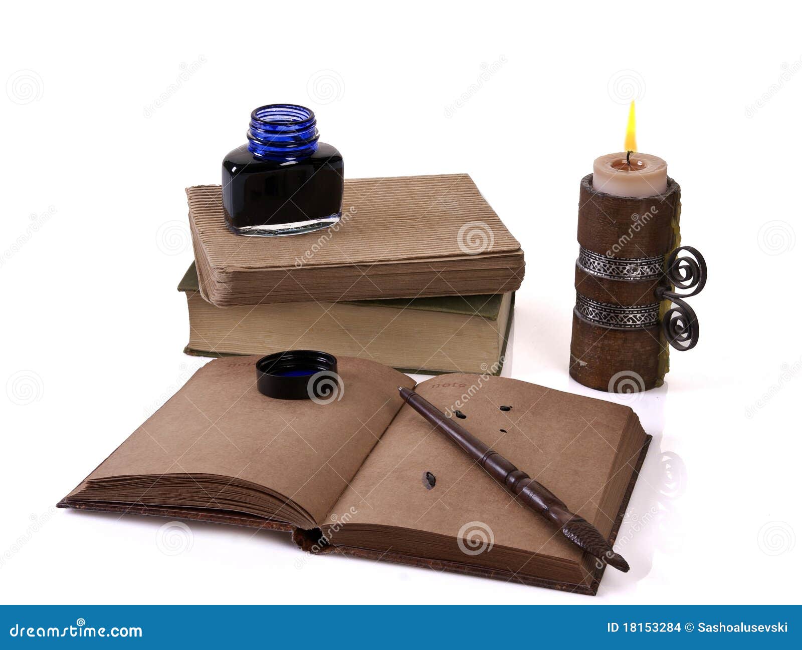 Old Style Writing Set with a Candle Stock Photo - Image of office, blue ...