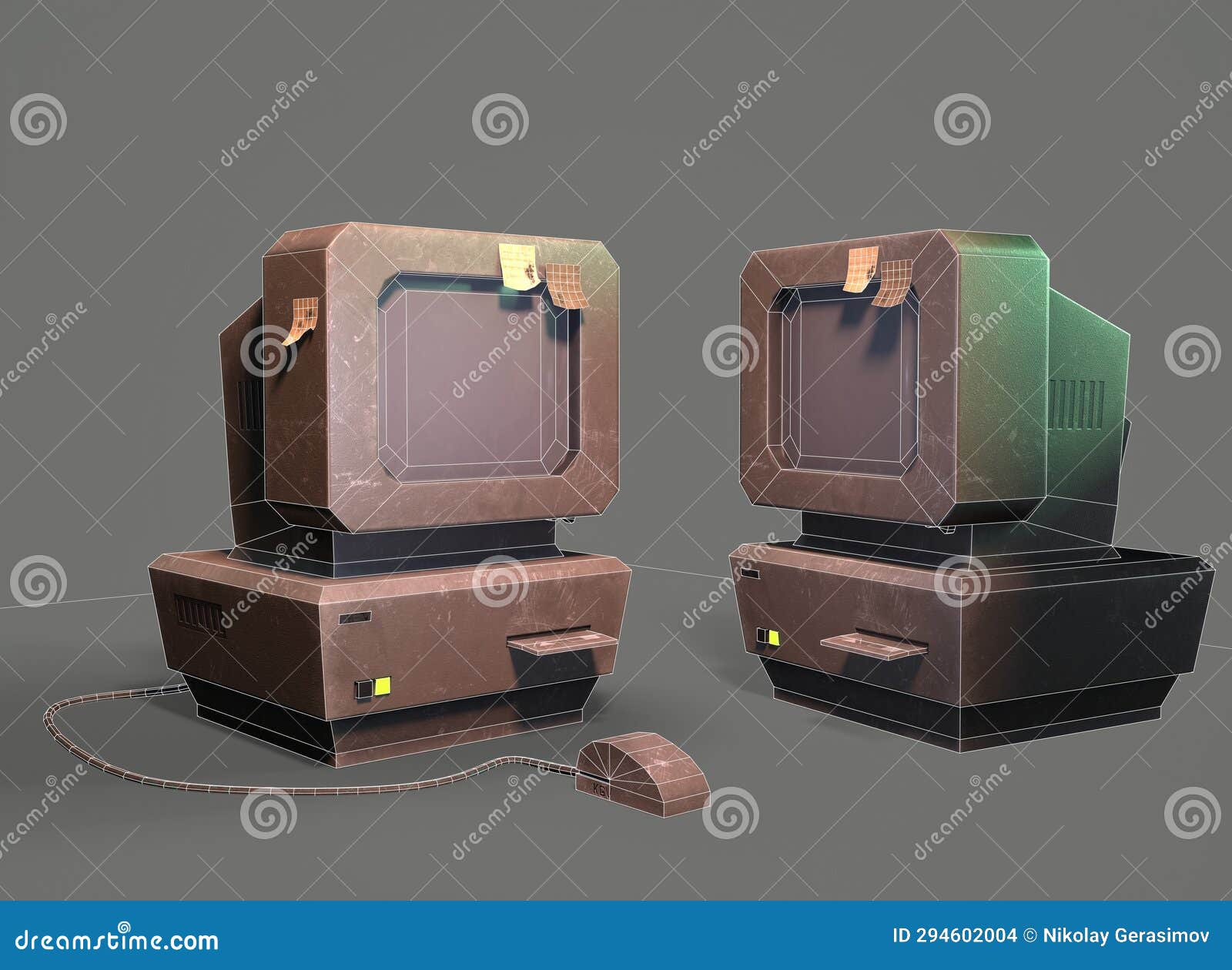 An Old Stylized Computer on a Gray Background 3d-rendering Stock ...