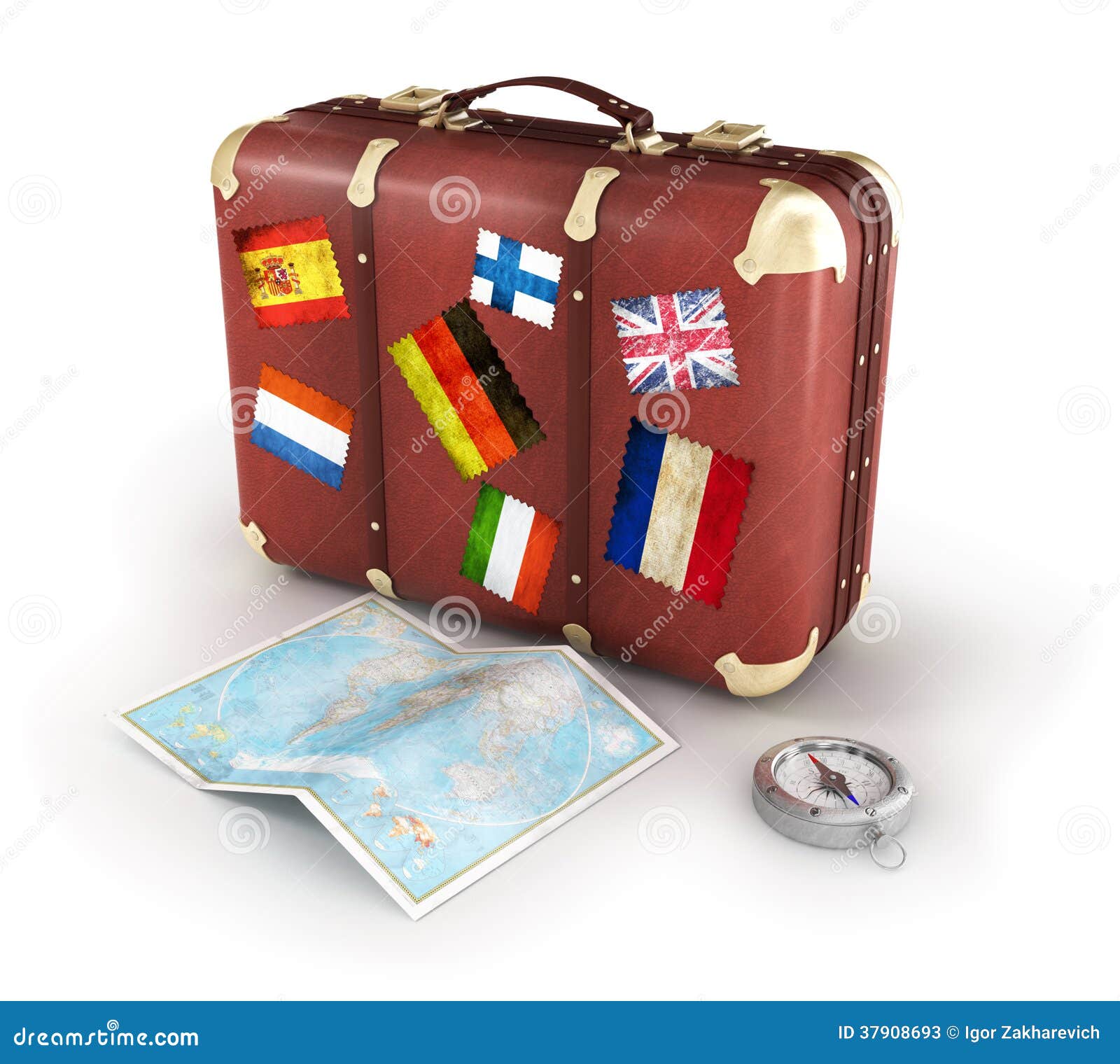 Old Suitcase with World Map and Compass Stock Image - Image of pack ...