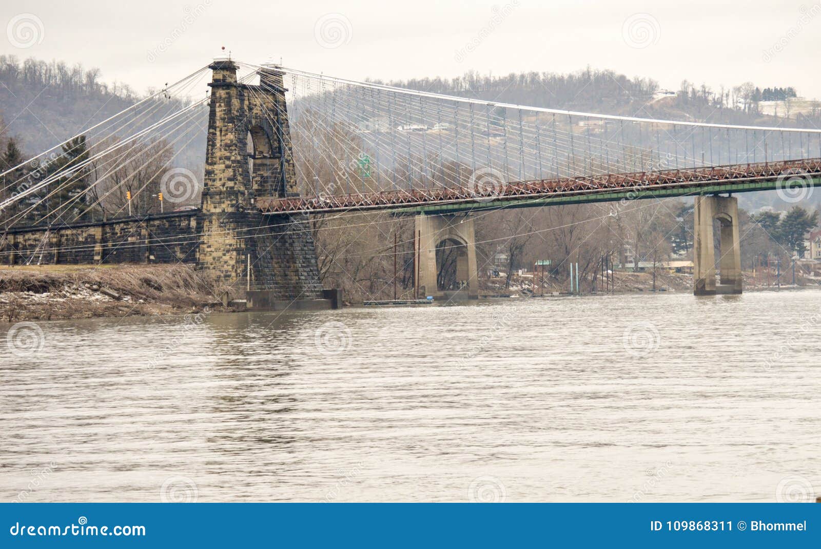 Old Suspension Bridge in Wheeling Stock Image - Image of river, ohio ...