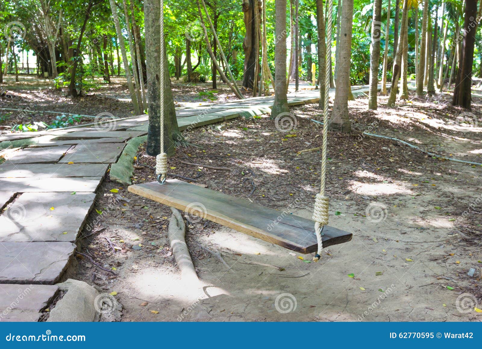 Swing Made Of Wooden Board And Tied With Rope Hang On Cable Over A ...