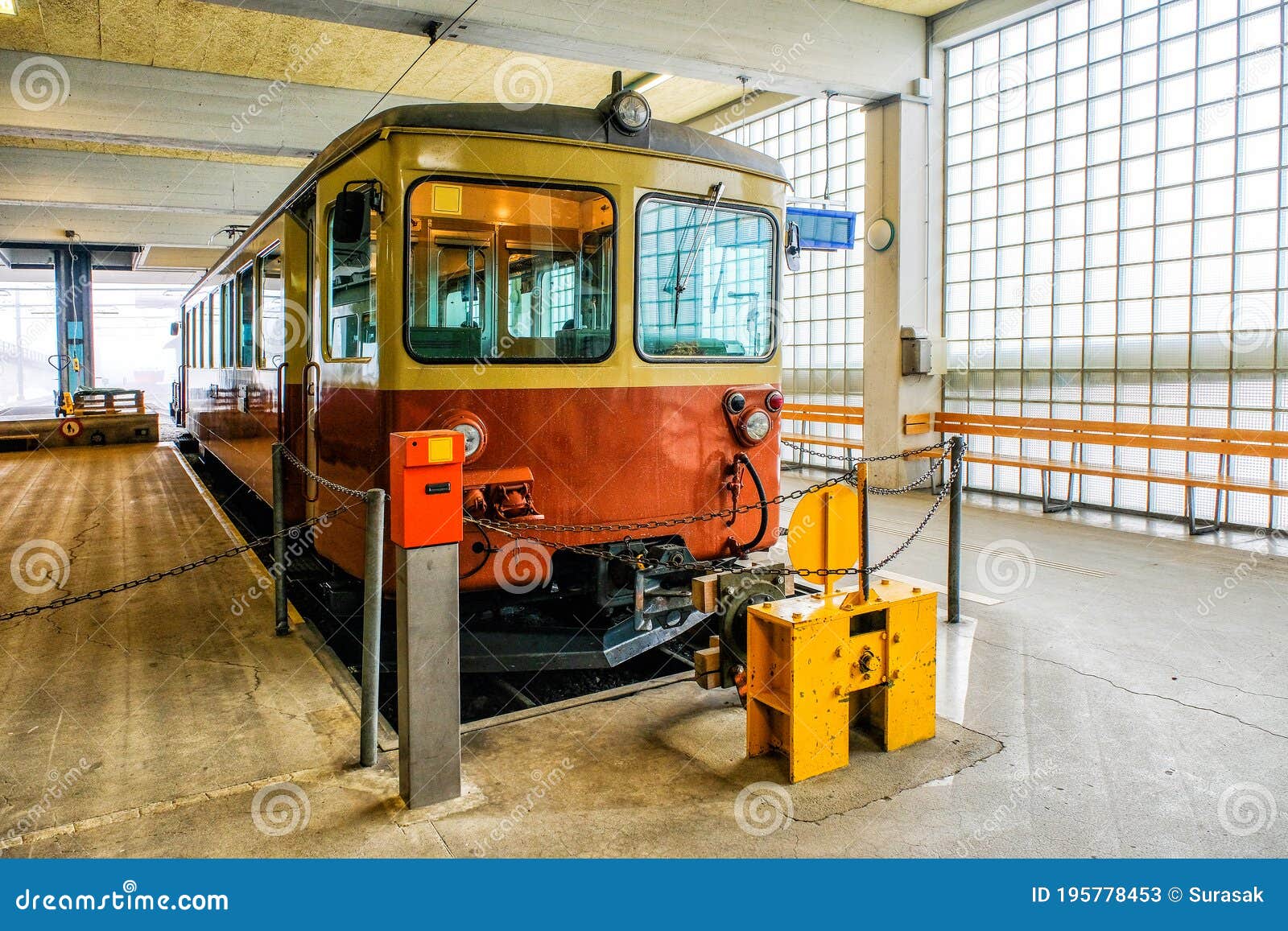 Old swiss train in station stock image. Image of rail - 195778453