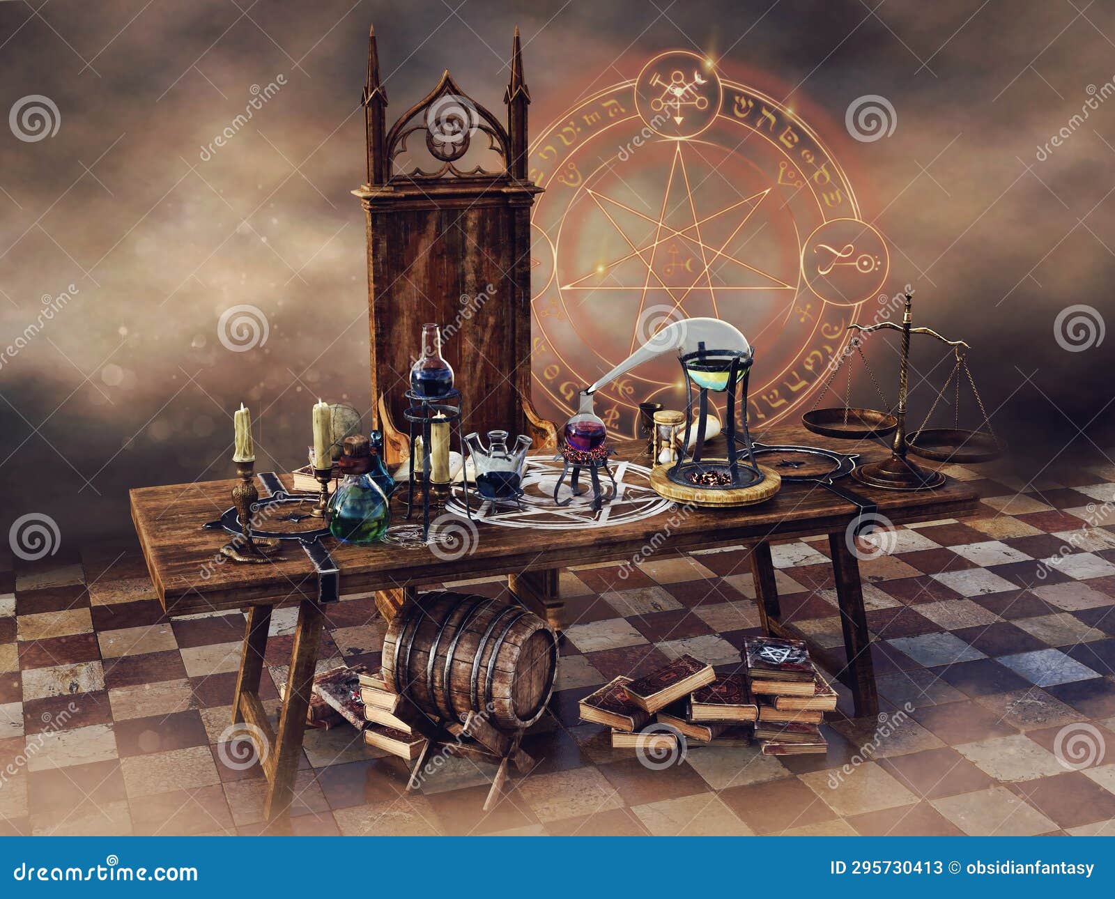 Old Table With Alchemical Potions And Books Stock Image | CartoonDealer ...