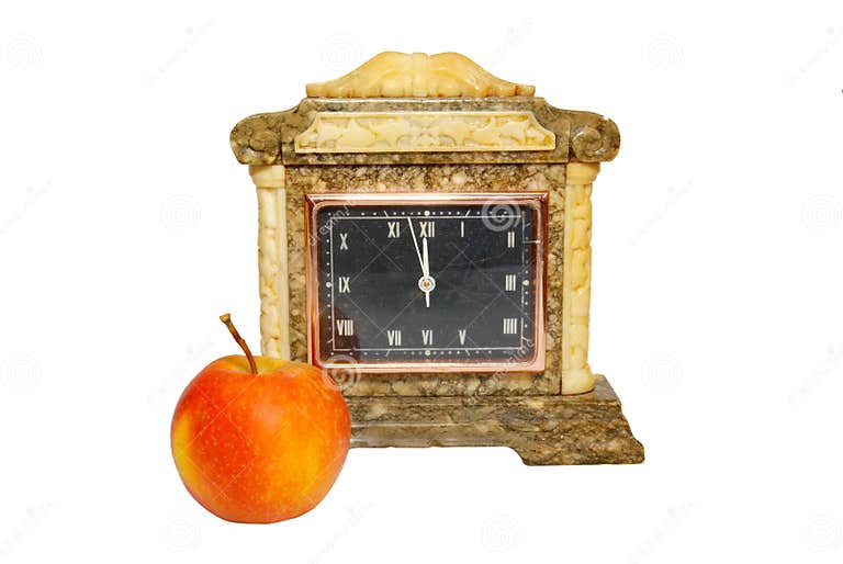 Old table clock and apple stock image. Image of front - 7389315