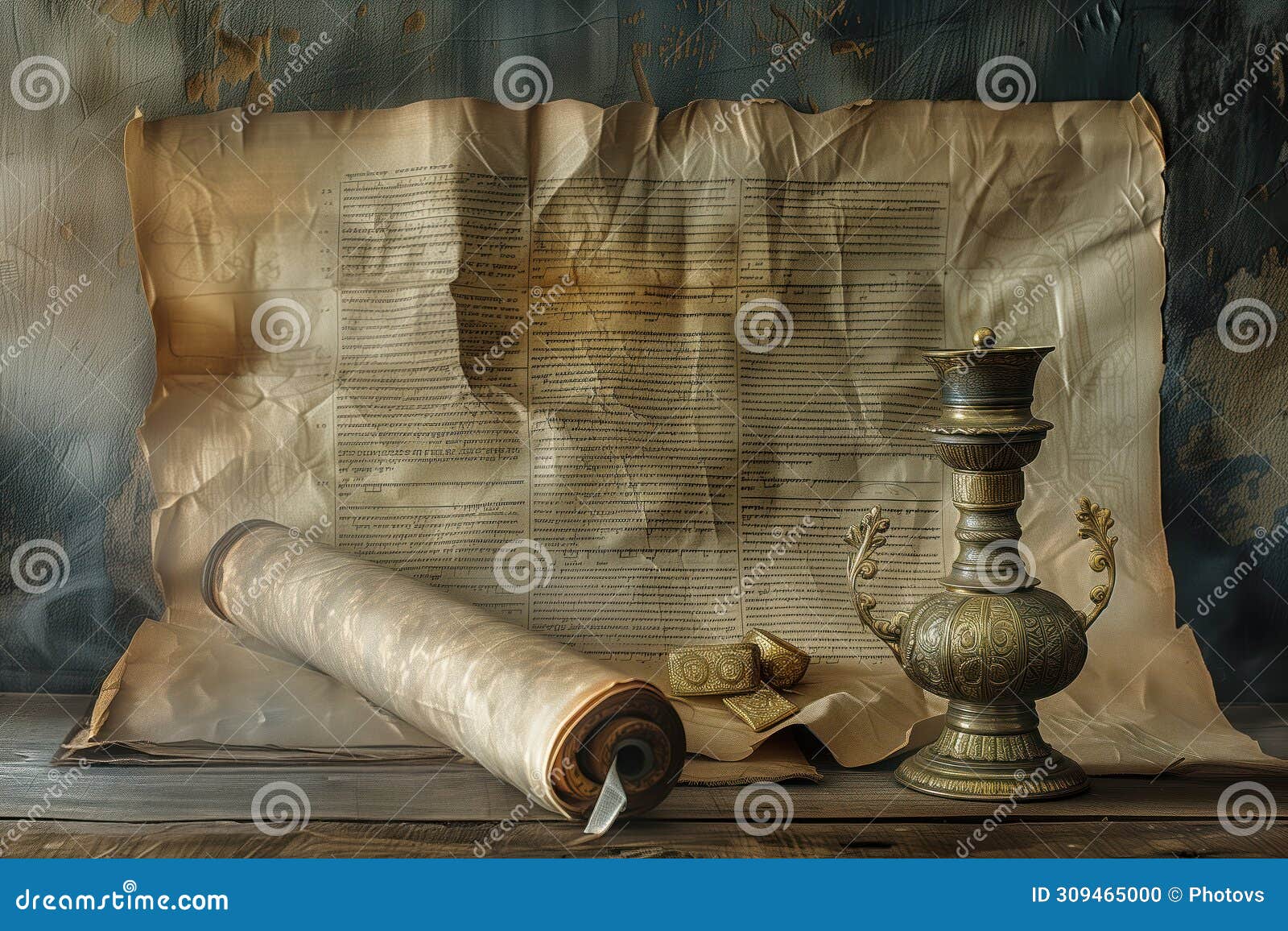 Old Table Showcasing Historical Papyrus Scroll a Ancient Knowledge ...