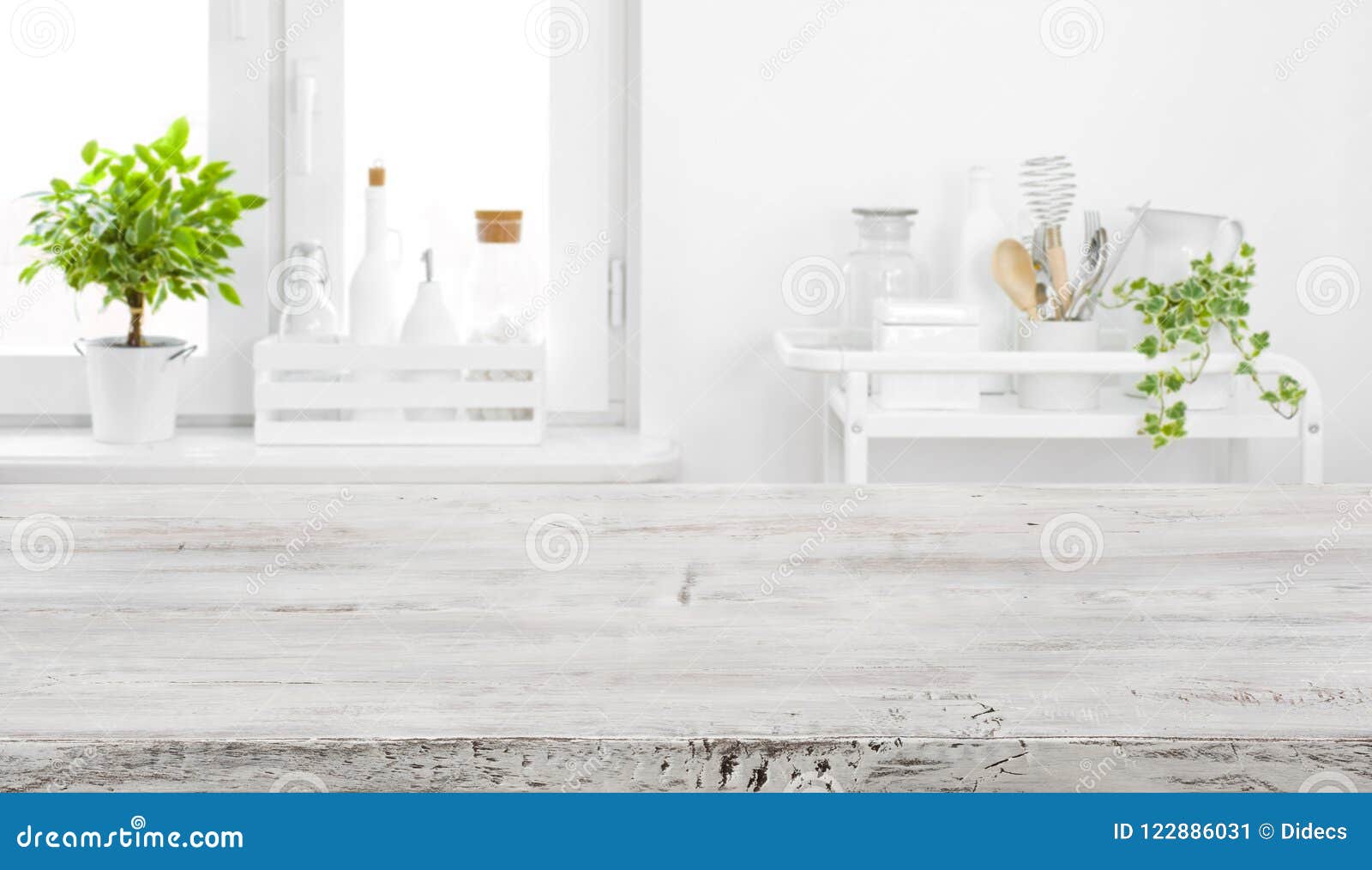 Old Tabletop For Product Display Over Defocused Vintage Kitchen ...