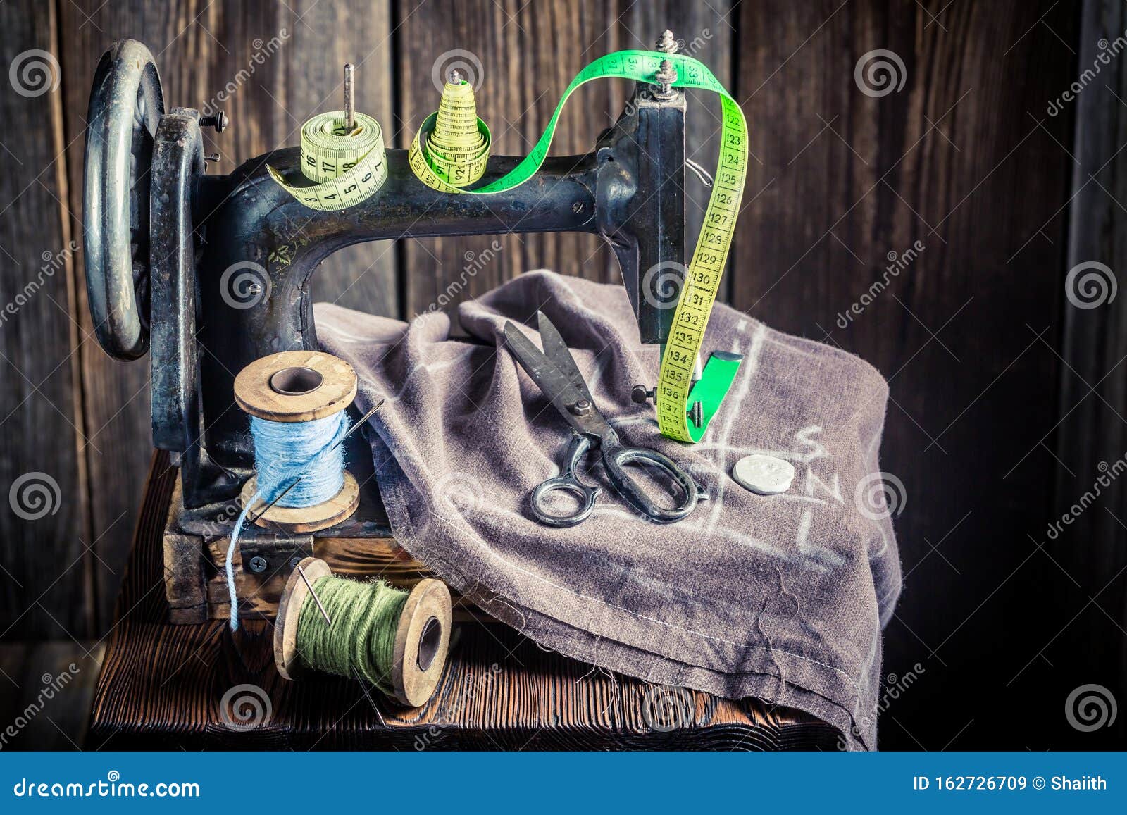 Old Tailor Machine with Tailor Tape, Scissors and Threads Stock Image ...