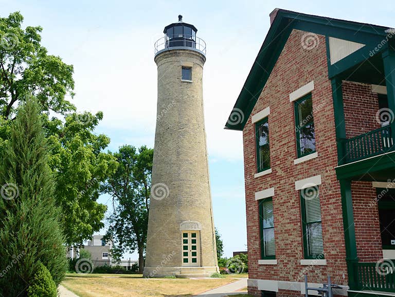 Old Tan Brick Lighthouse and Lightkeeper S House Stock Photo - Image of ...