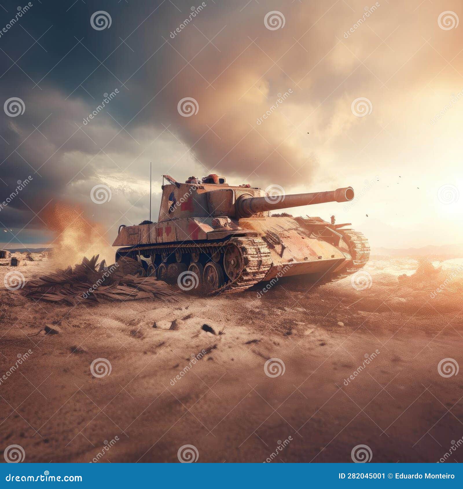 Old Tank on the Beach at Sunset Stock Illustration - Illustration of ...
