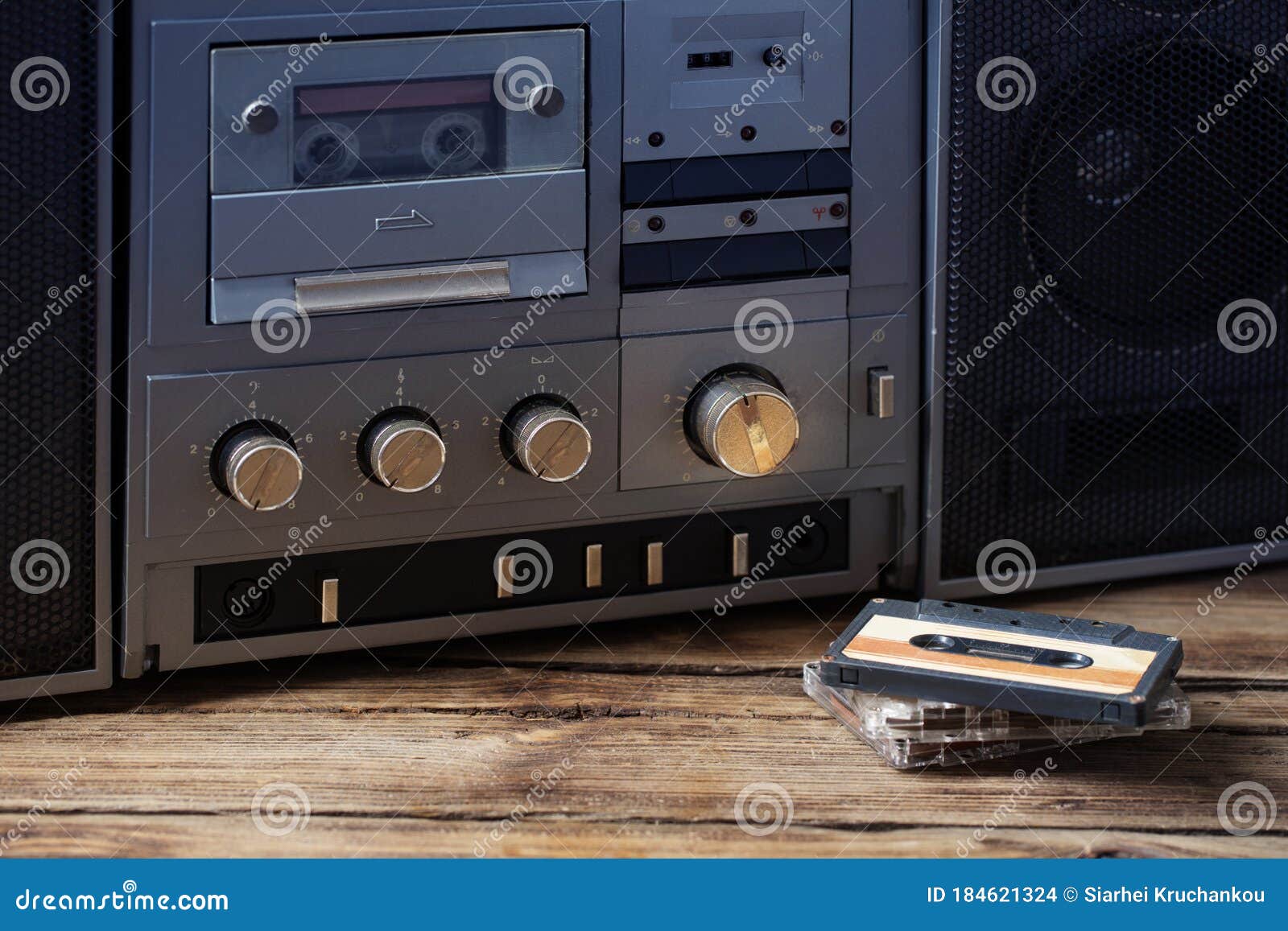 The Old Tape Recorder and Cassette on Wooden Table Stock Photo - Image ...