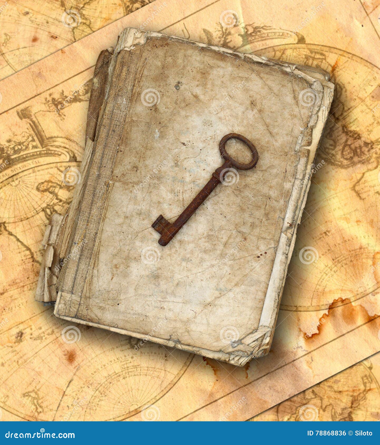 Old Tattered Book with Rusty Key on the Old Maps Stock Photo - Image of ...