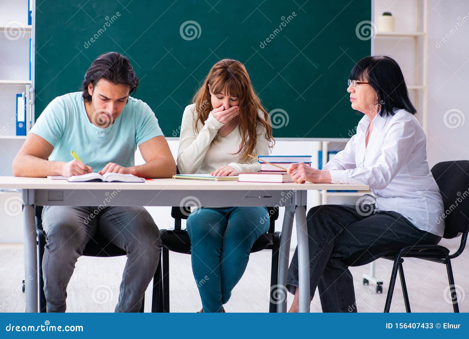Old Teacher and Students in the Classroom Stock Image - Image of ...