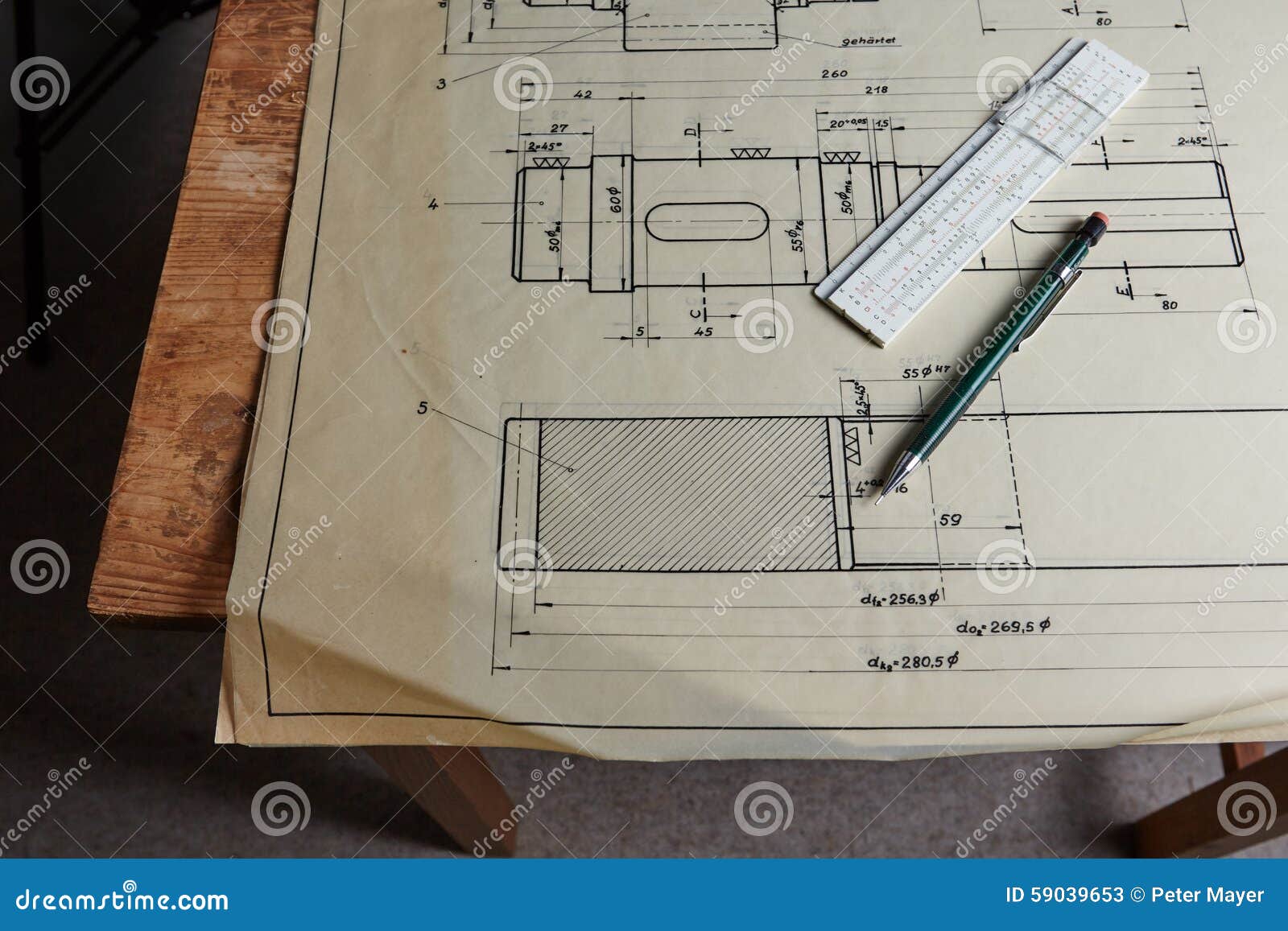 Old Technical Plan with Pen on Old Table Stock Image - Image of ruler ...