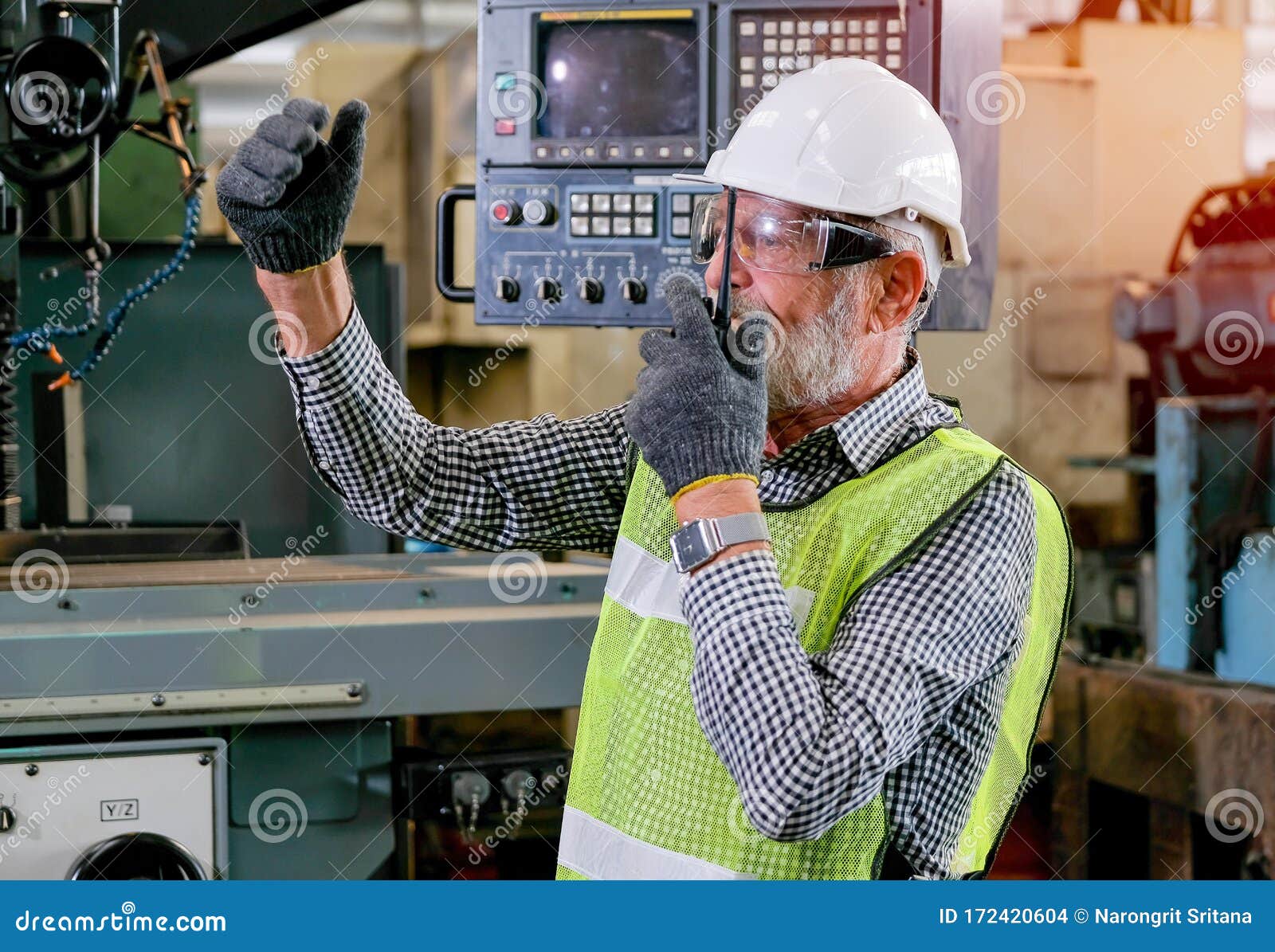 Old Technician Man Work in Factory and Call for Support of Machine ...