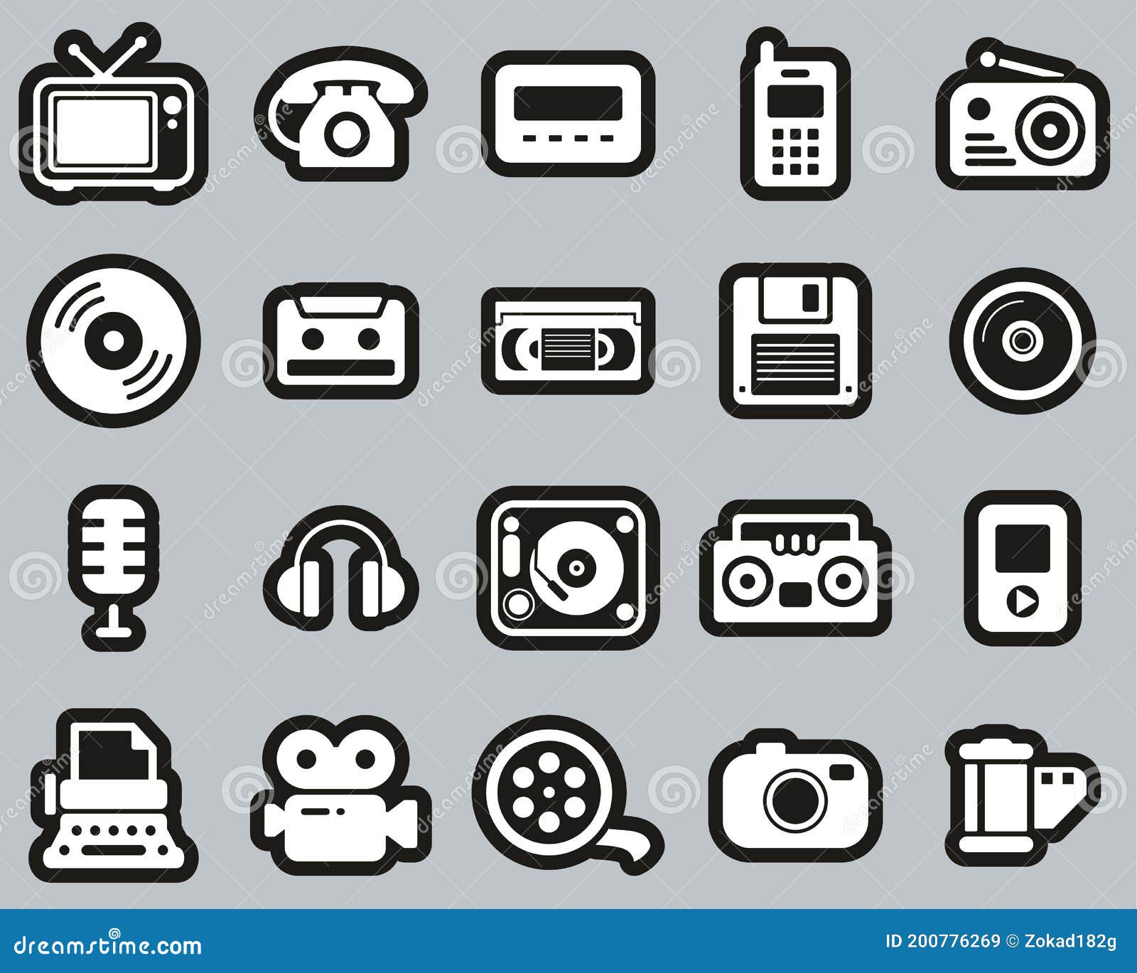Old Technology Icons White on Black Sticker Set Big Stock Vector ...