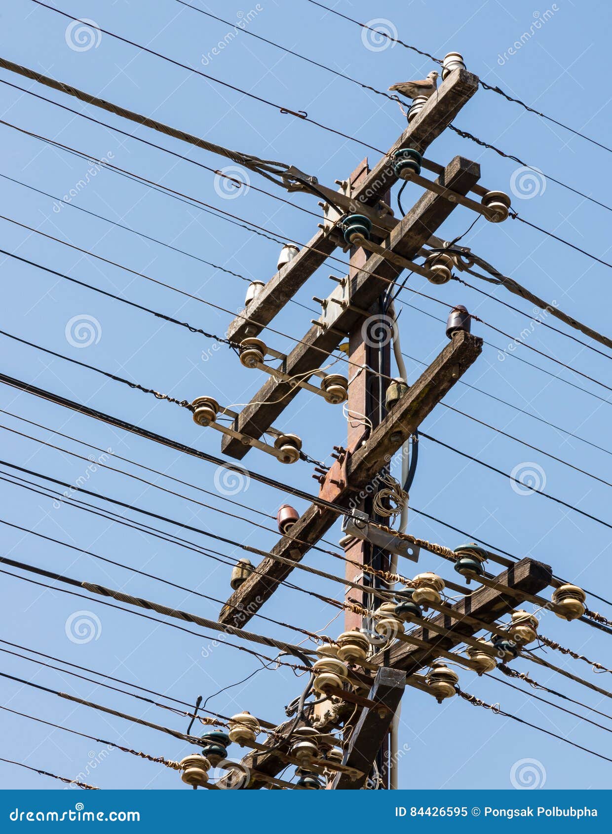 Old Telegraph Pole with Complex Wire. Stock Image - Image of city ...