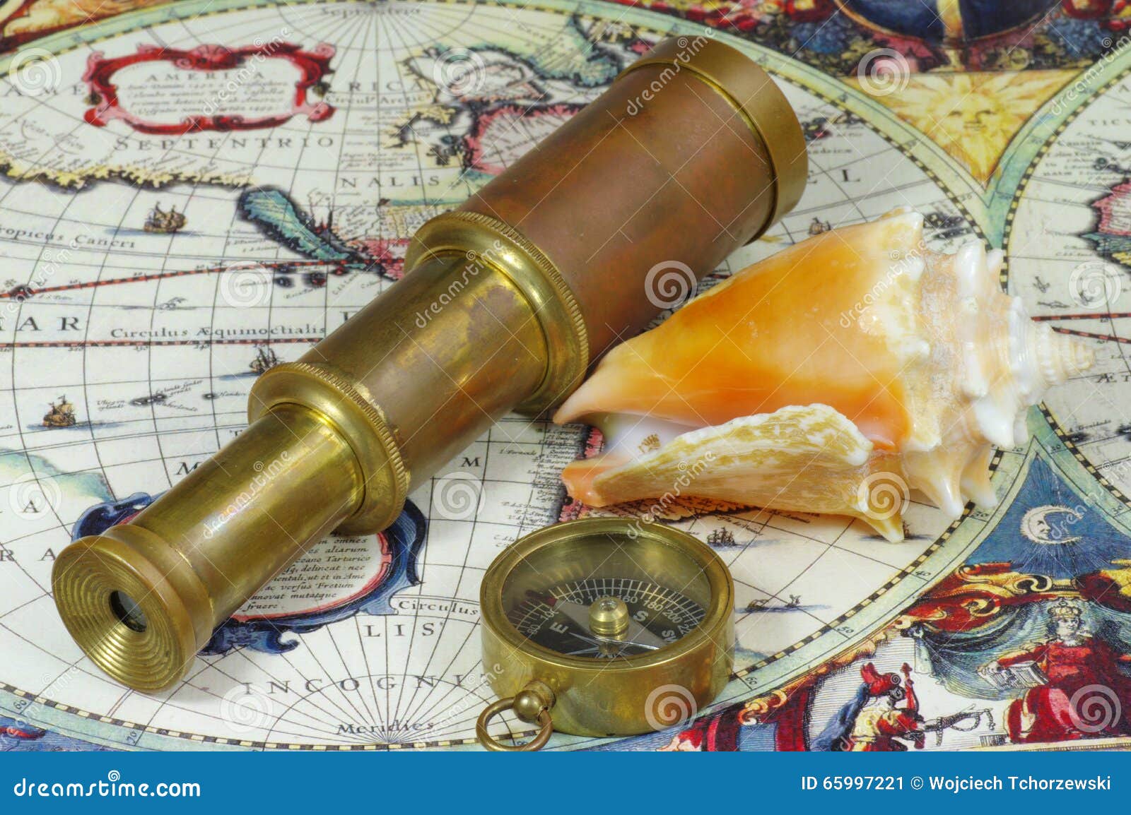 Old Telescope, Compass, Seashell and Vintage Map of the World. Stock ...