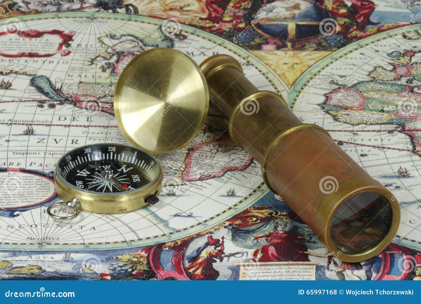 Old Telescope, Compass and Vintage Map of the World. Stock Photo ...