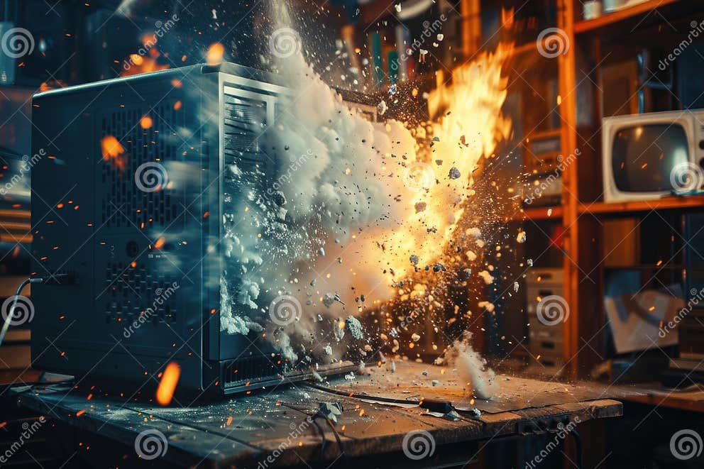 Old Television Exploding with Fire and Smoke in Workshop Stock Image ...