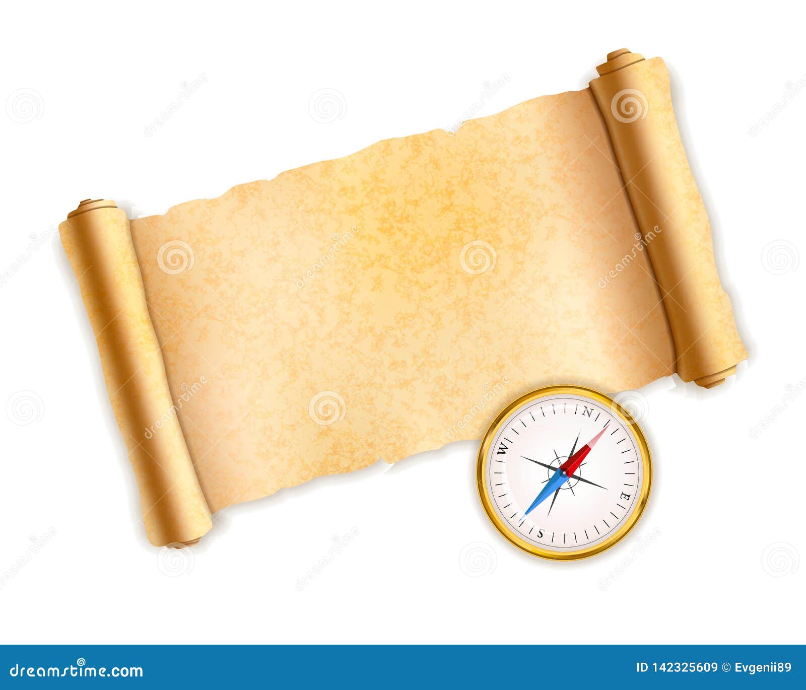 Old Textured Scroll With Vintage Glossy Golden Compass On White Royalty ...