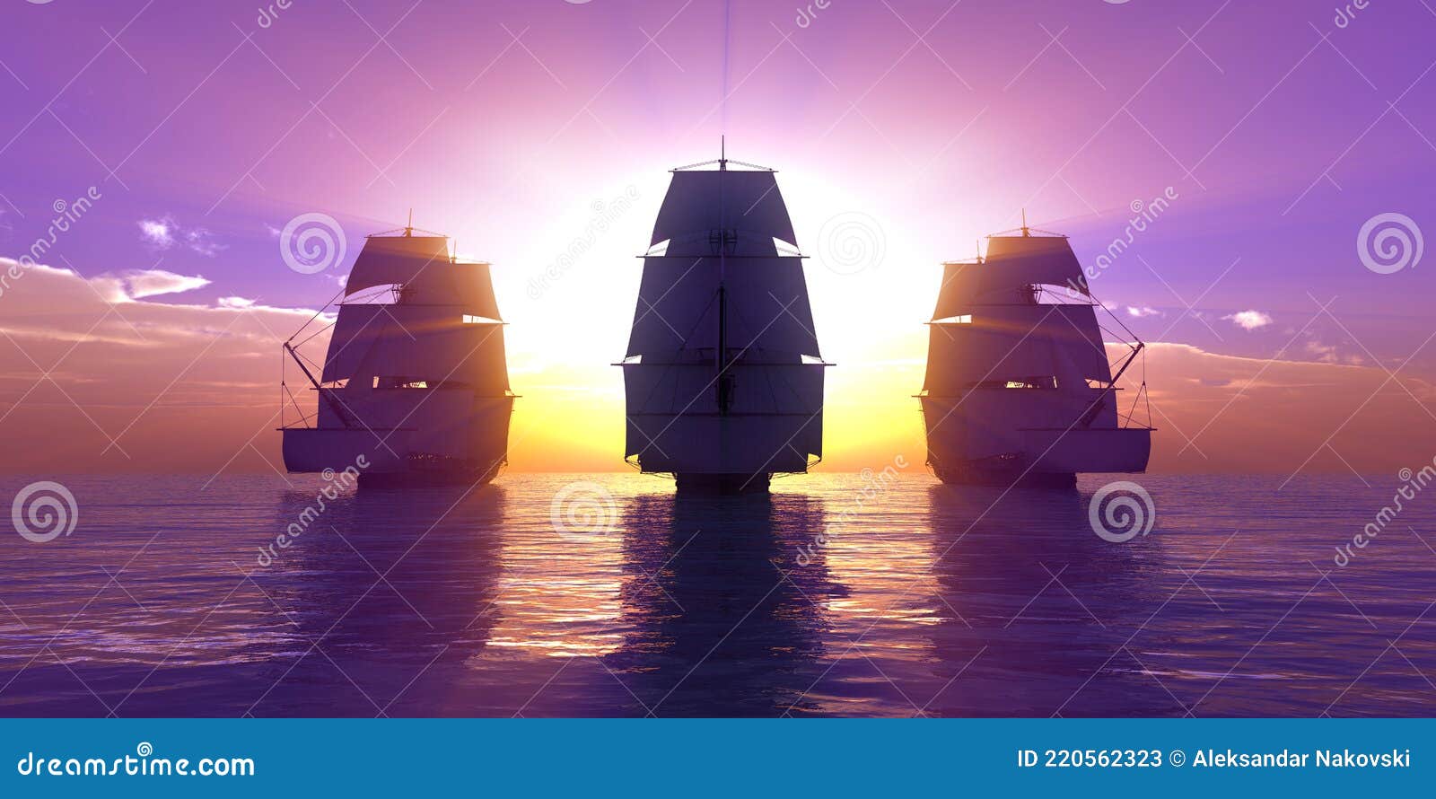 Old Three Ships Sunset at Sea, 3d Rendering Stock Illustration ...