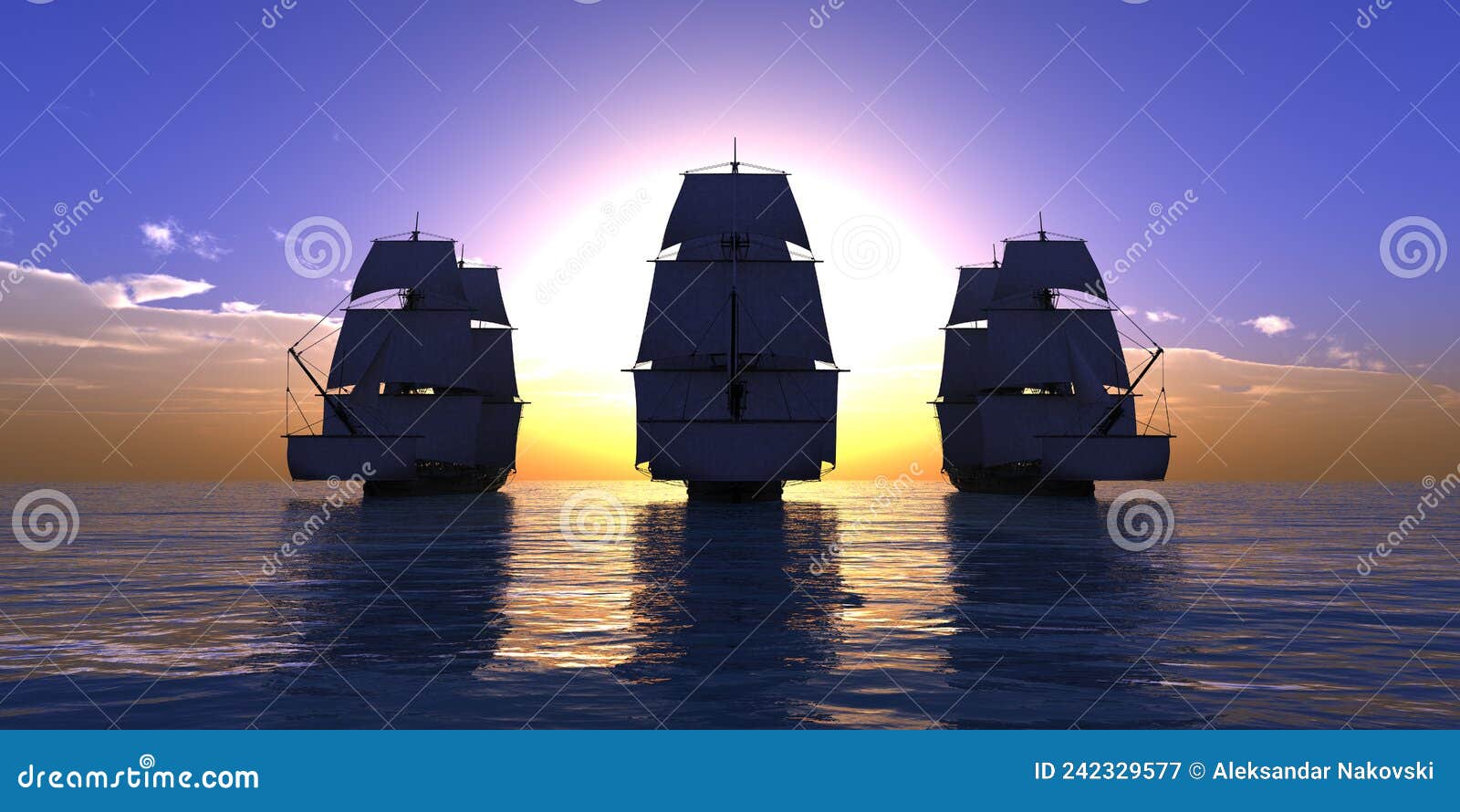 Old Three Ships Sunset at Sea, 3d Rendering Stock Illustration ...
