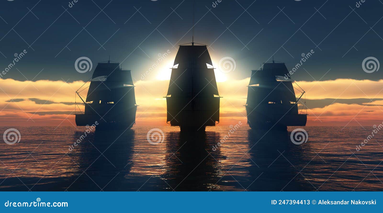 Old Three Ships Sunset at Sea, 3d Rendering Stock Illustration ...