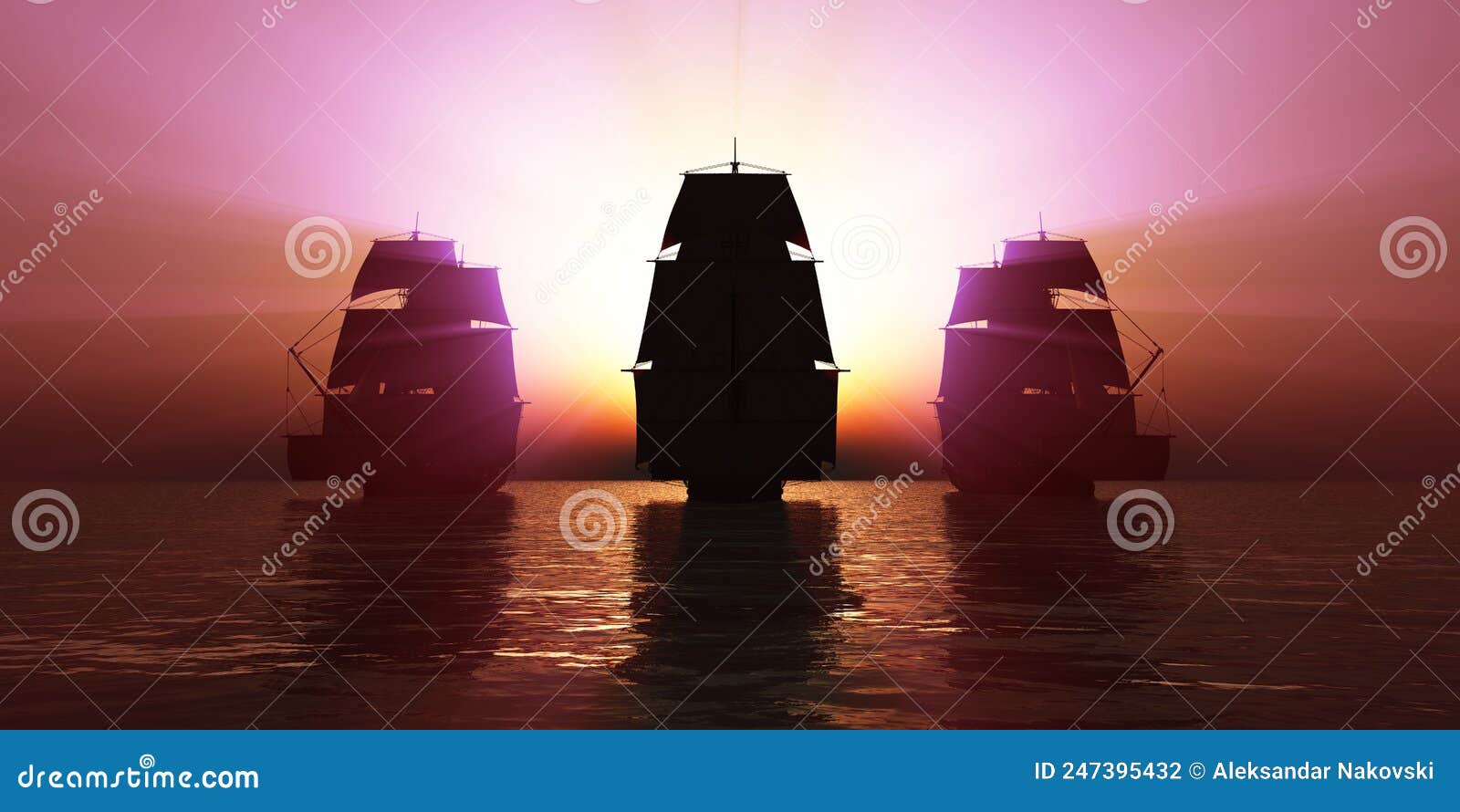 Old Three Ships Sunset at Sea, 3d Rendering Stock Illustration ...