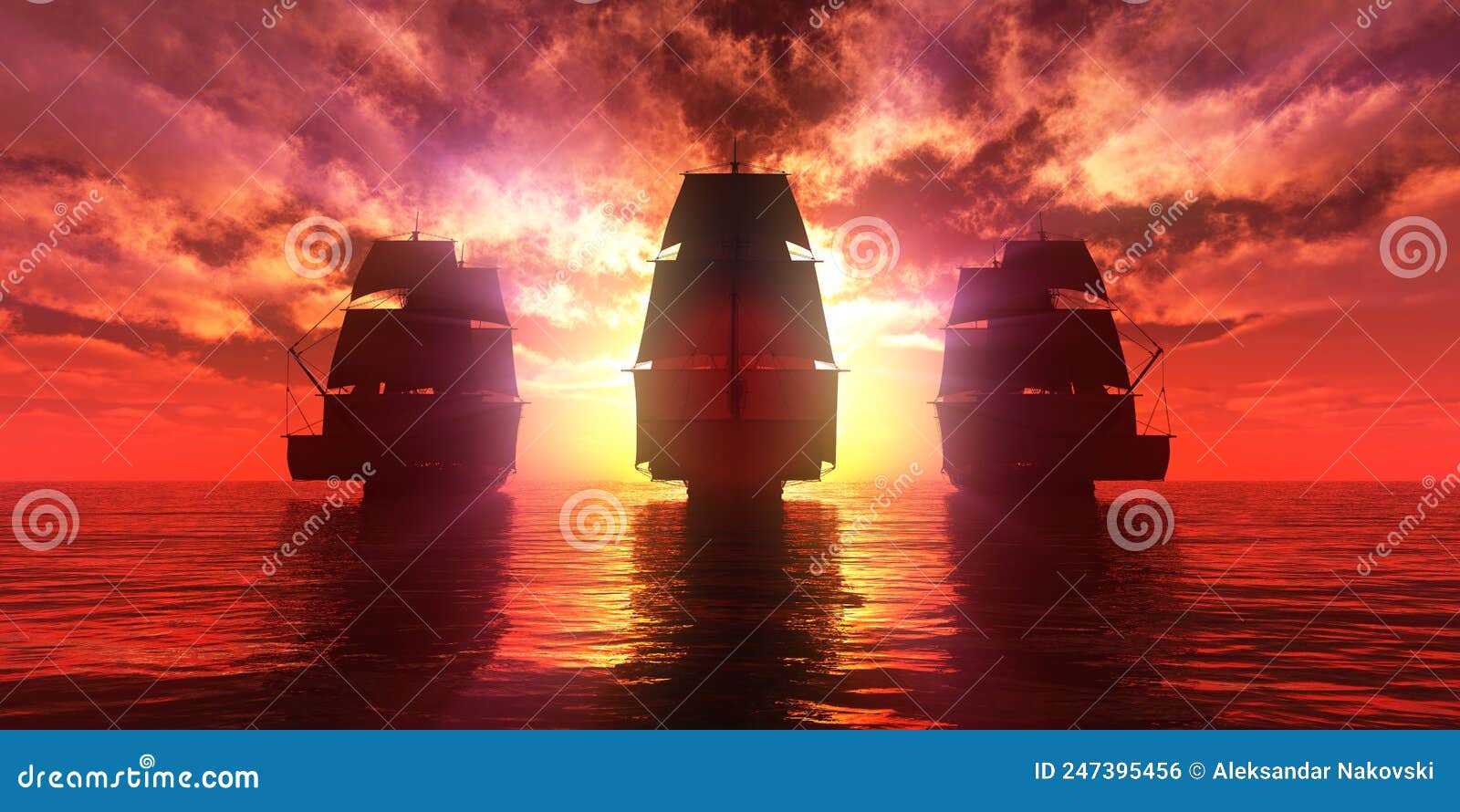 Old Three Ships Sunset at Sea, 3d Rendering Stock Illustration ...