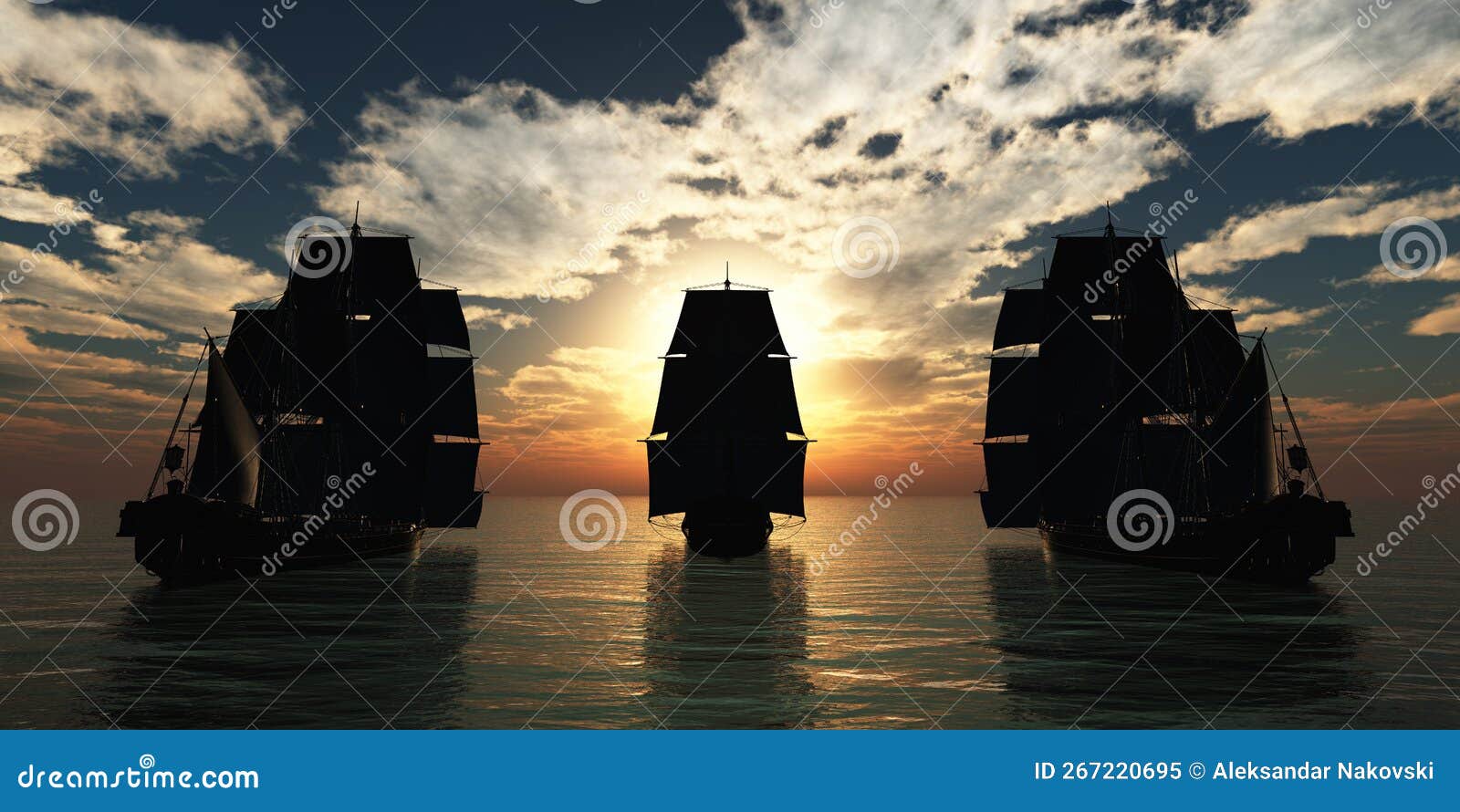 Old Three Ships Sunset at Sea, 3d Rendering Stock Illustration ...