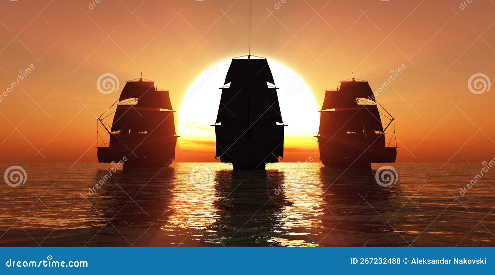 Old Three Ships Sunset at Sea, 3d Rendering Stock Illustration ...