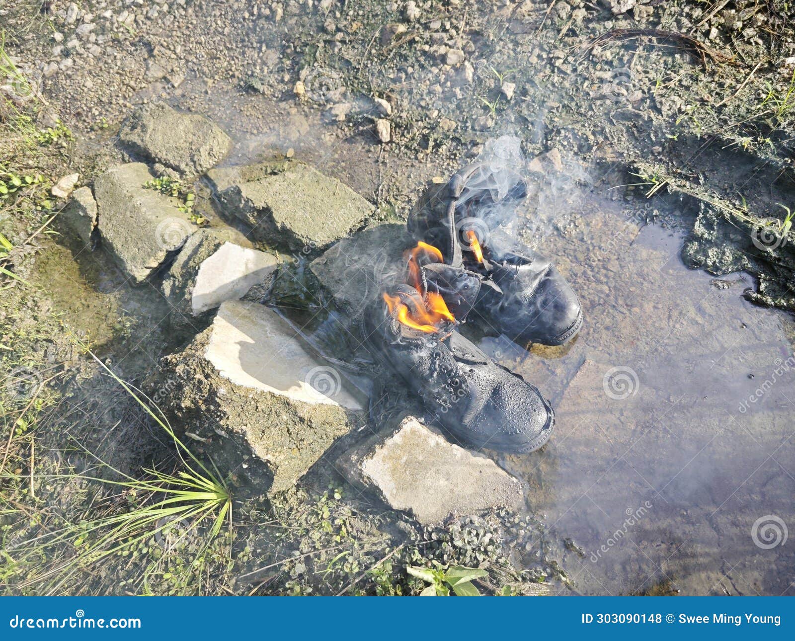 Old Thrown Away Leather Boot on Flame in the Farm. Stock Photo - Image ...