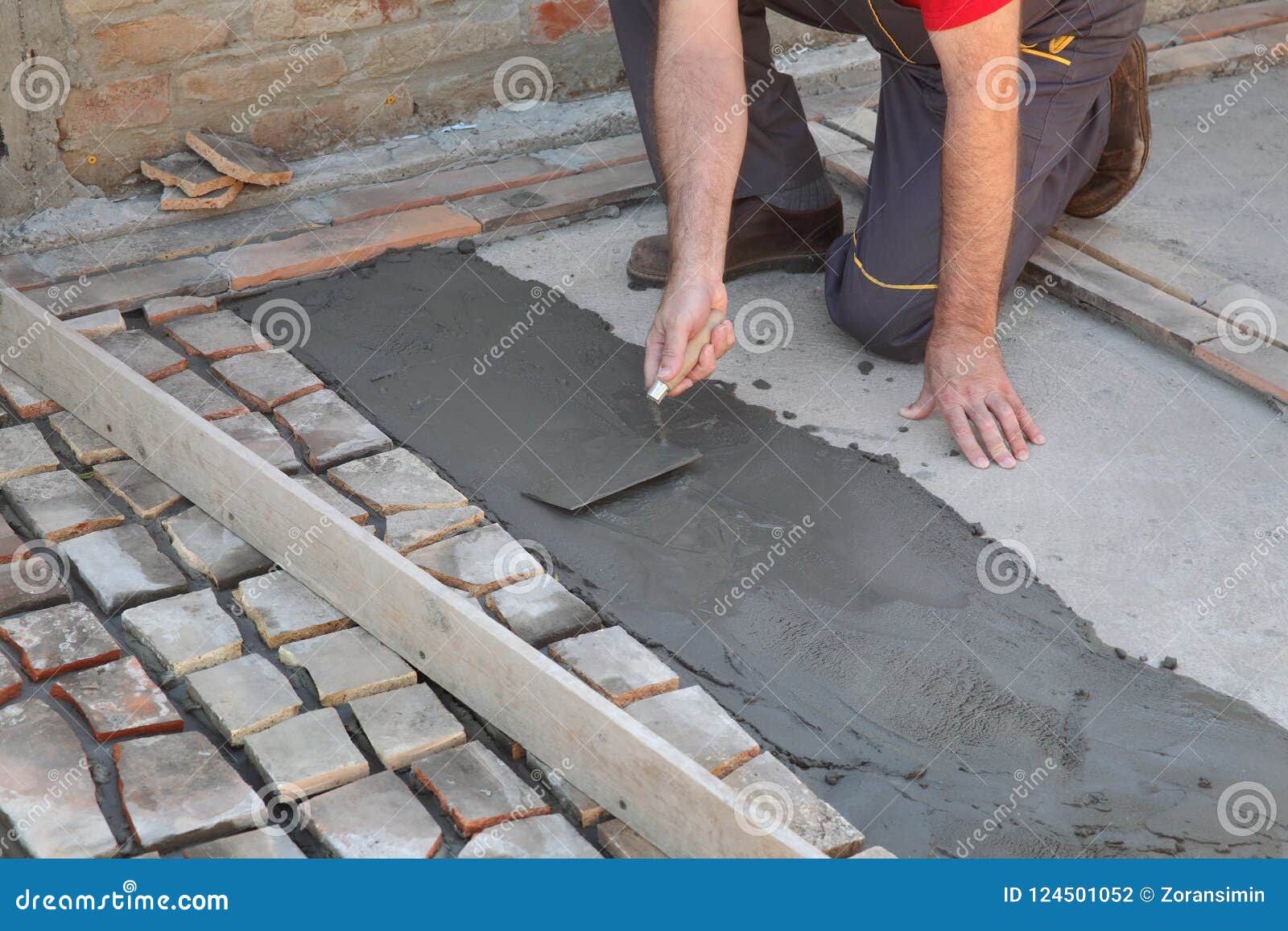 Pavement or Terrace Making, Worker Spreading Mortar Stock Photo - Image ...