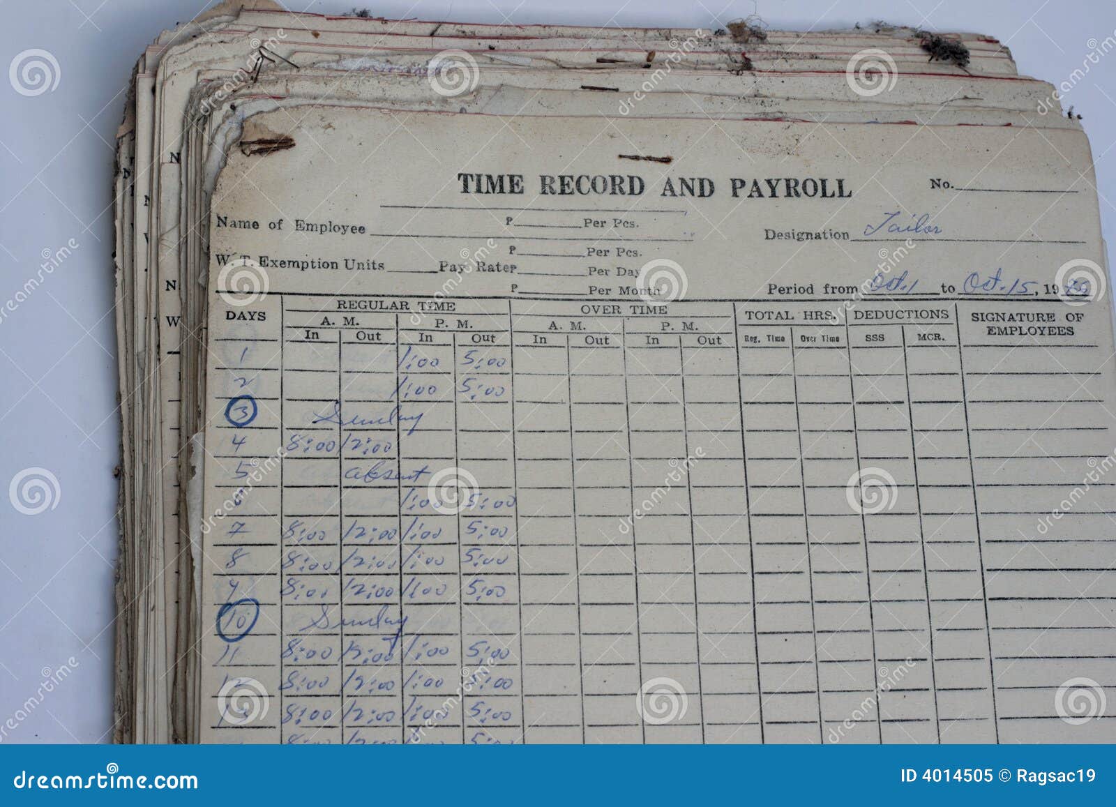 Old Time Record and Payroll Stock Image - Image of documents, paper ...