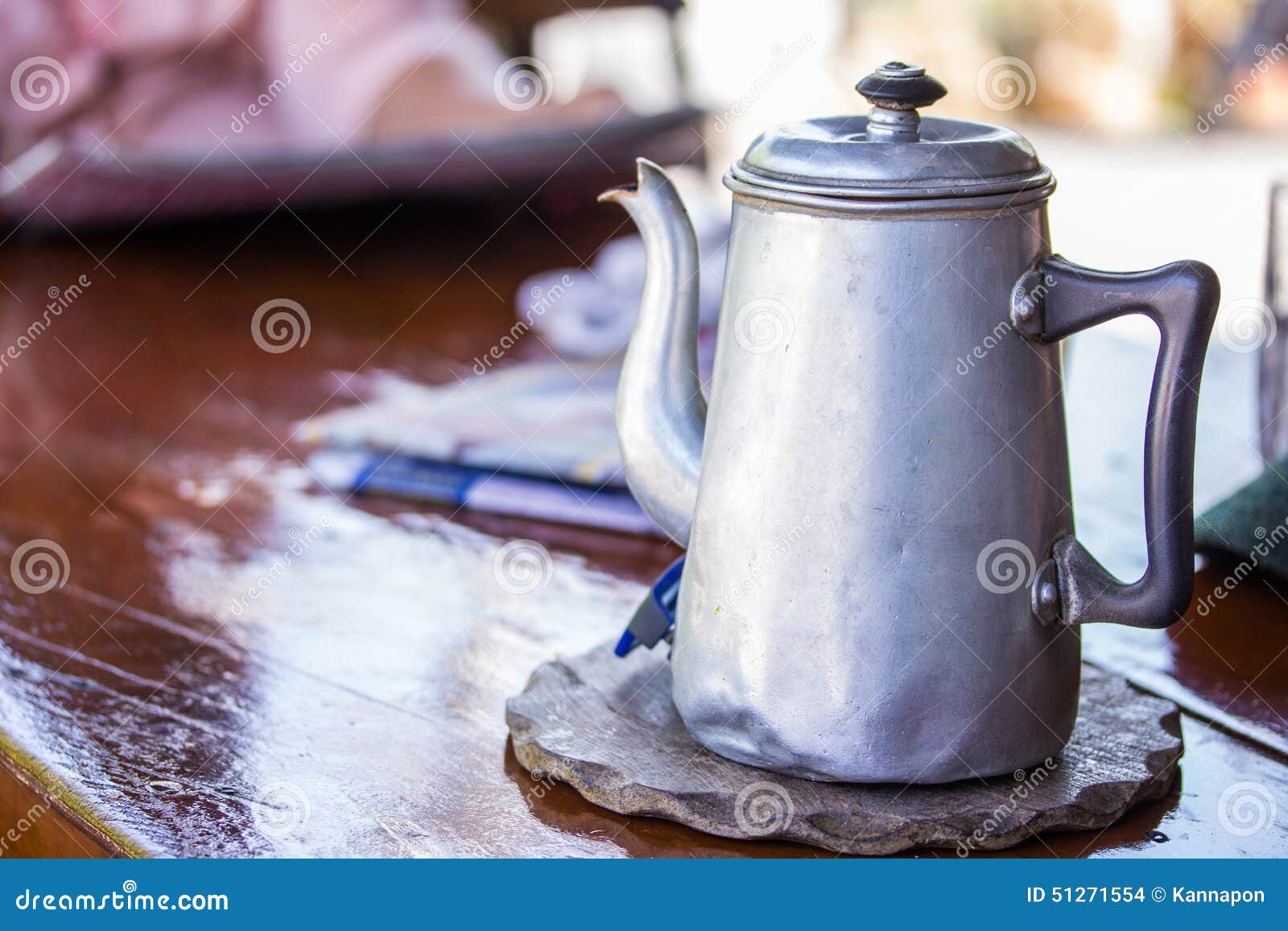 Old Tin Tea or Coffee Pot on Wooden Table Stock Photo - Image of ...